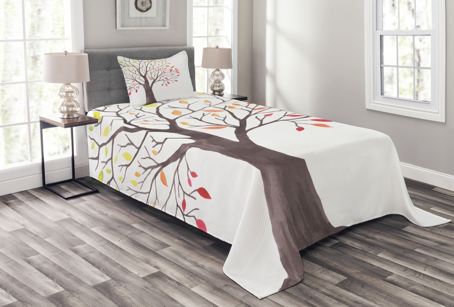 Ambesonne Nature Quilted Bedspread Set 2 Pcs, Forest Trees with Leaves ...