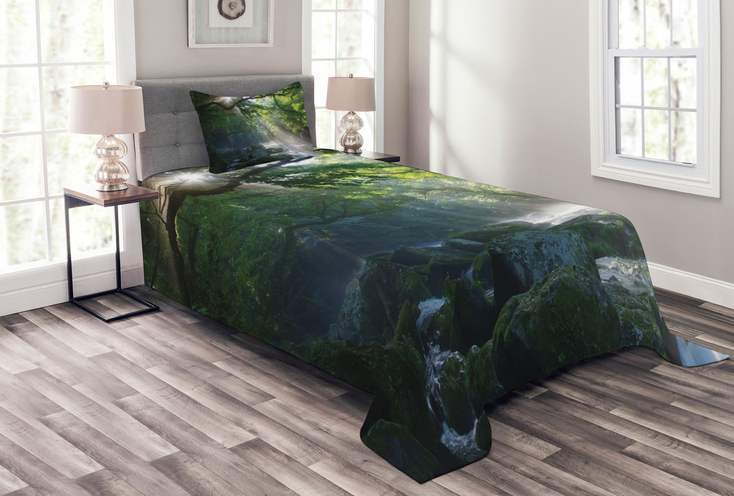 Ambesonne Nature Quilted Bedspread Set 2 Pcs, Jungle Sunlight Trees ...