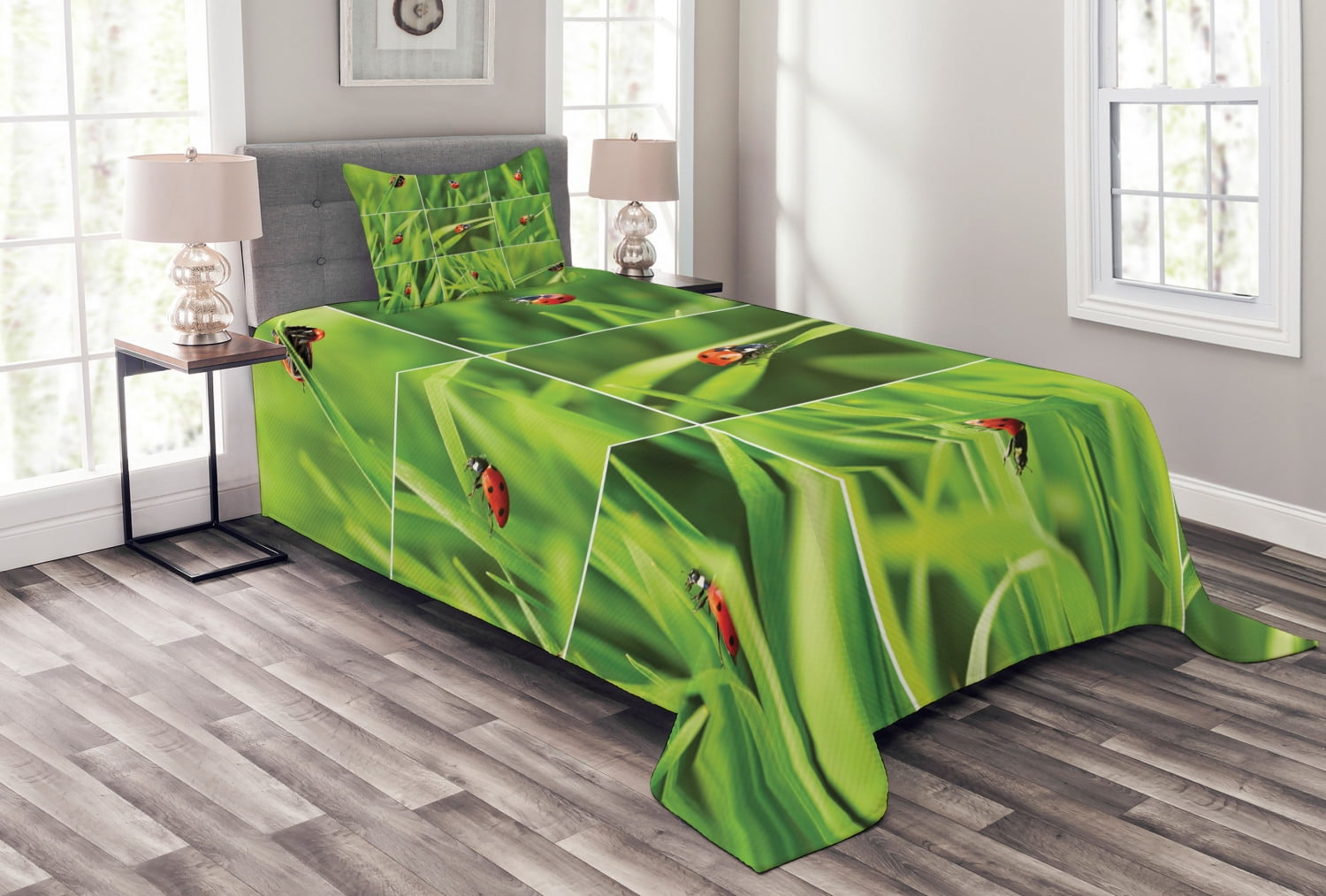 Ambesonne Nature Quilted Bedspread Set 2 Pcs, Ladybug over Fresh Grass ...