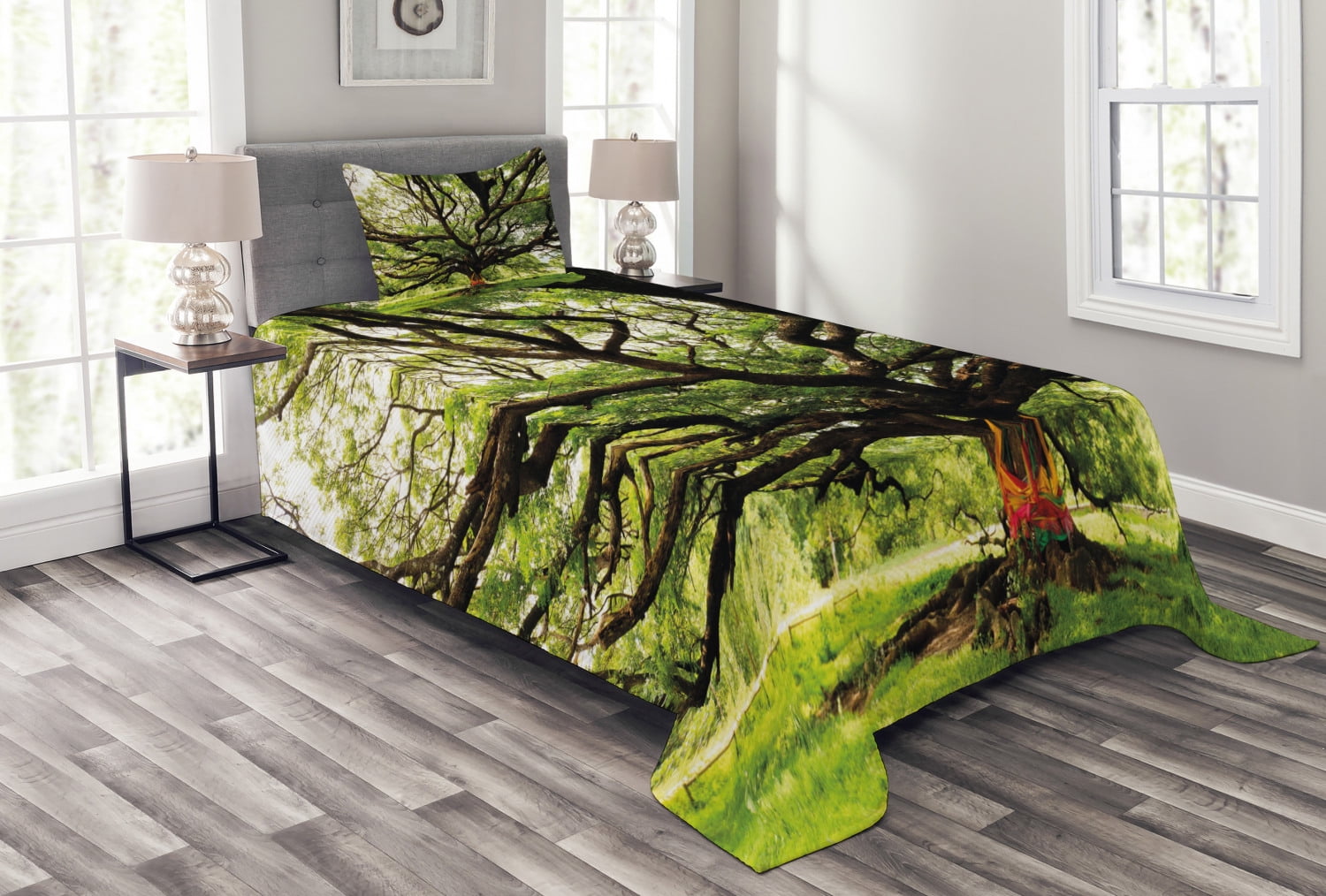 Ambesonne Nature Quilted Bedspread Set 2 Pcs, Majestic Tree Thailand ...