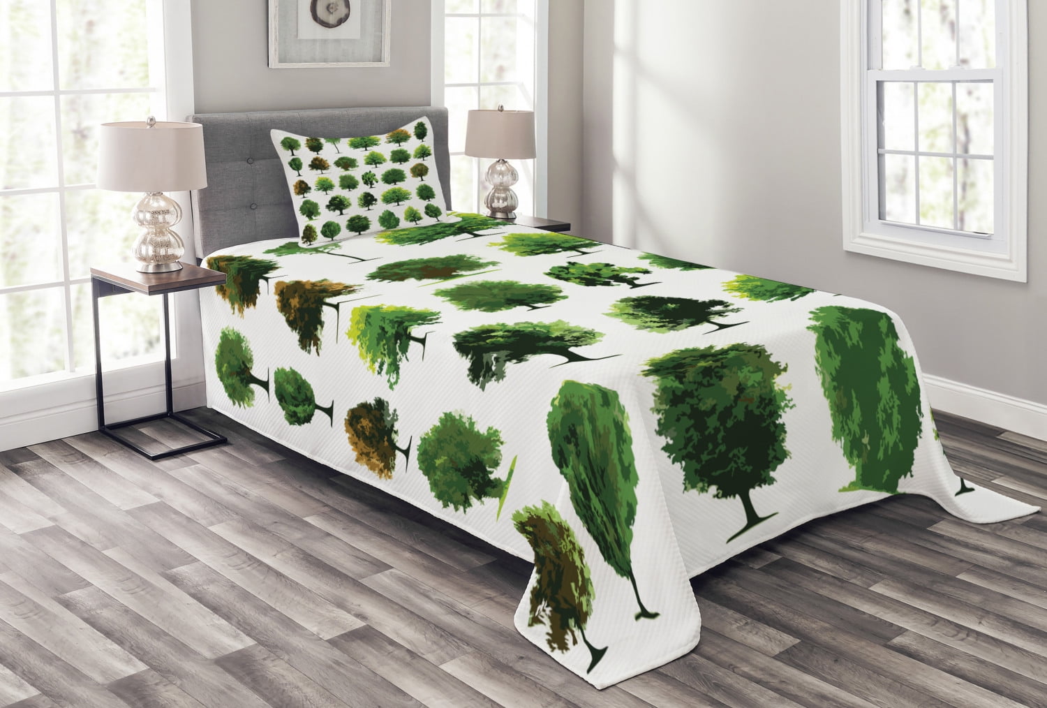 Ambesonne Nature Quilted Bedspread Set 2 Pcs, Pines Planes Bushes Tree ...