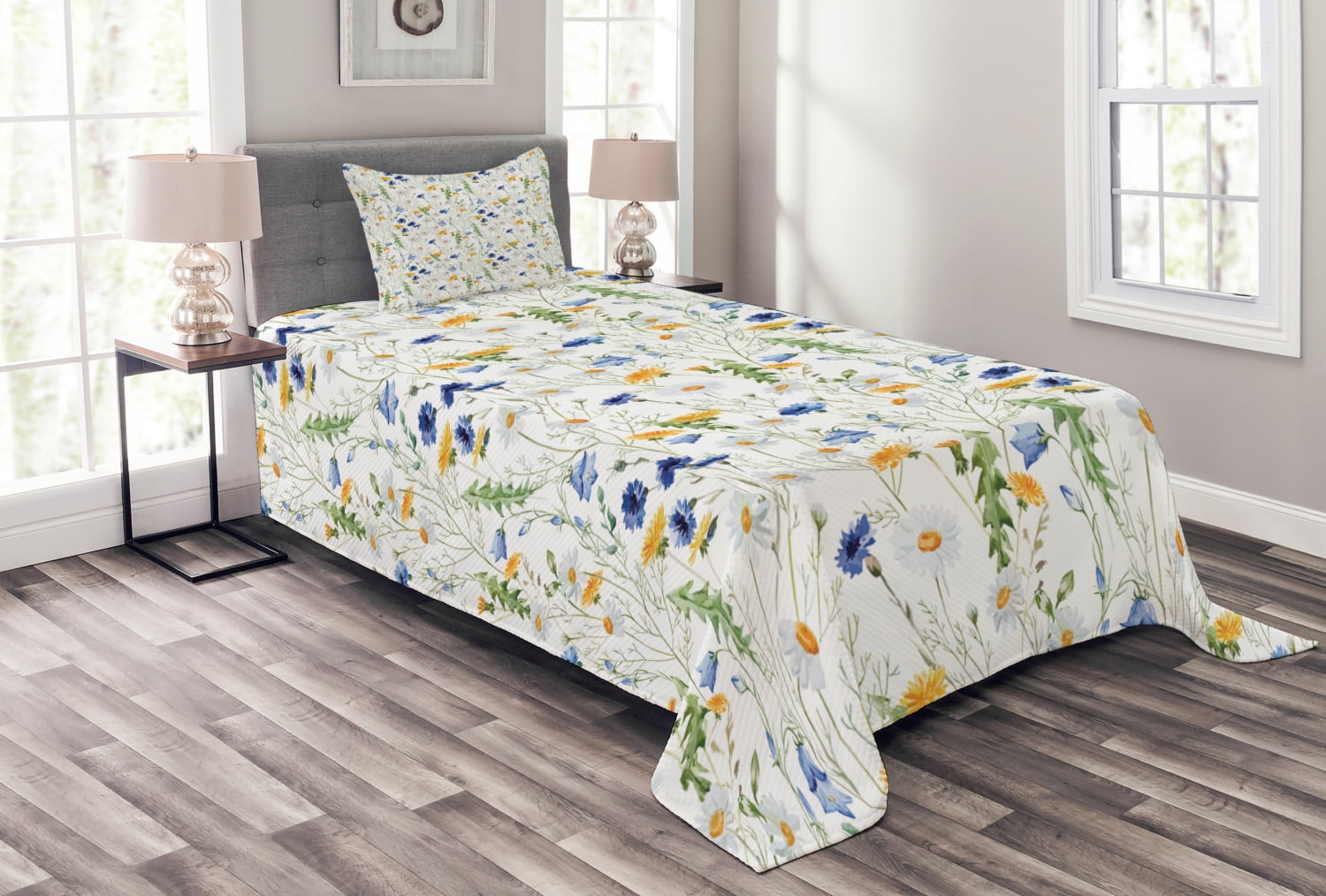 Ambesonne Nature Quilted Bedspread Set 2 Pcs, Poppies Daisies Rural ...