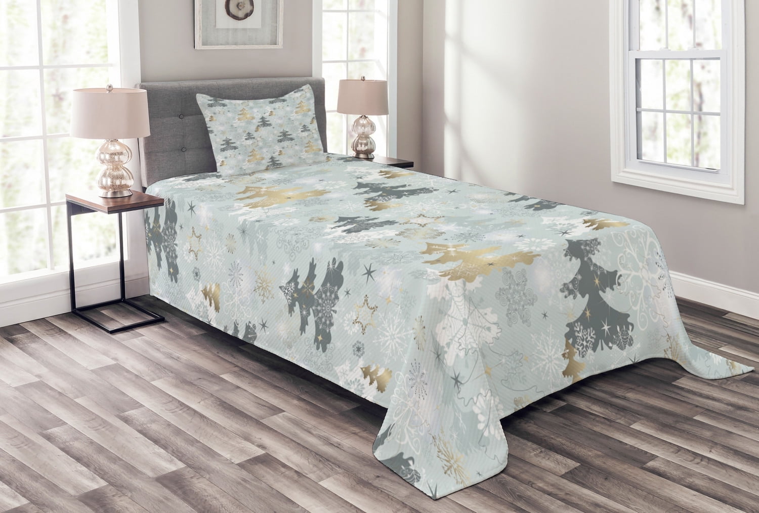 Ambesonne Nature Quilted Bedspread Set 2 Pcs, Retro Soft Pine Tree ...