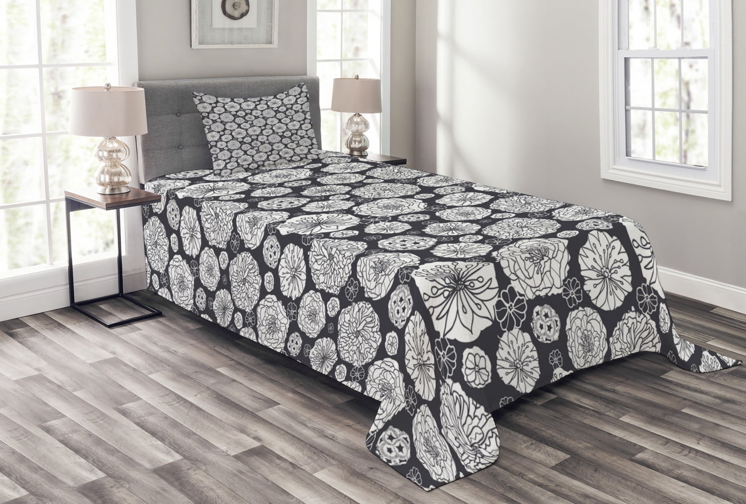 Ambesonne Nature Quilted Bedspread Set 2 Pcs, Sketchy Floral Dandelion ...