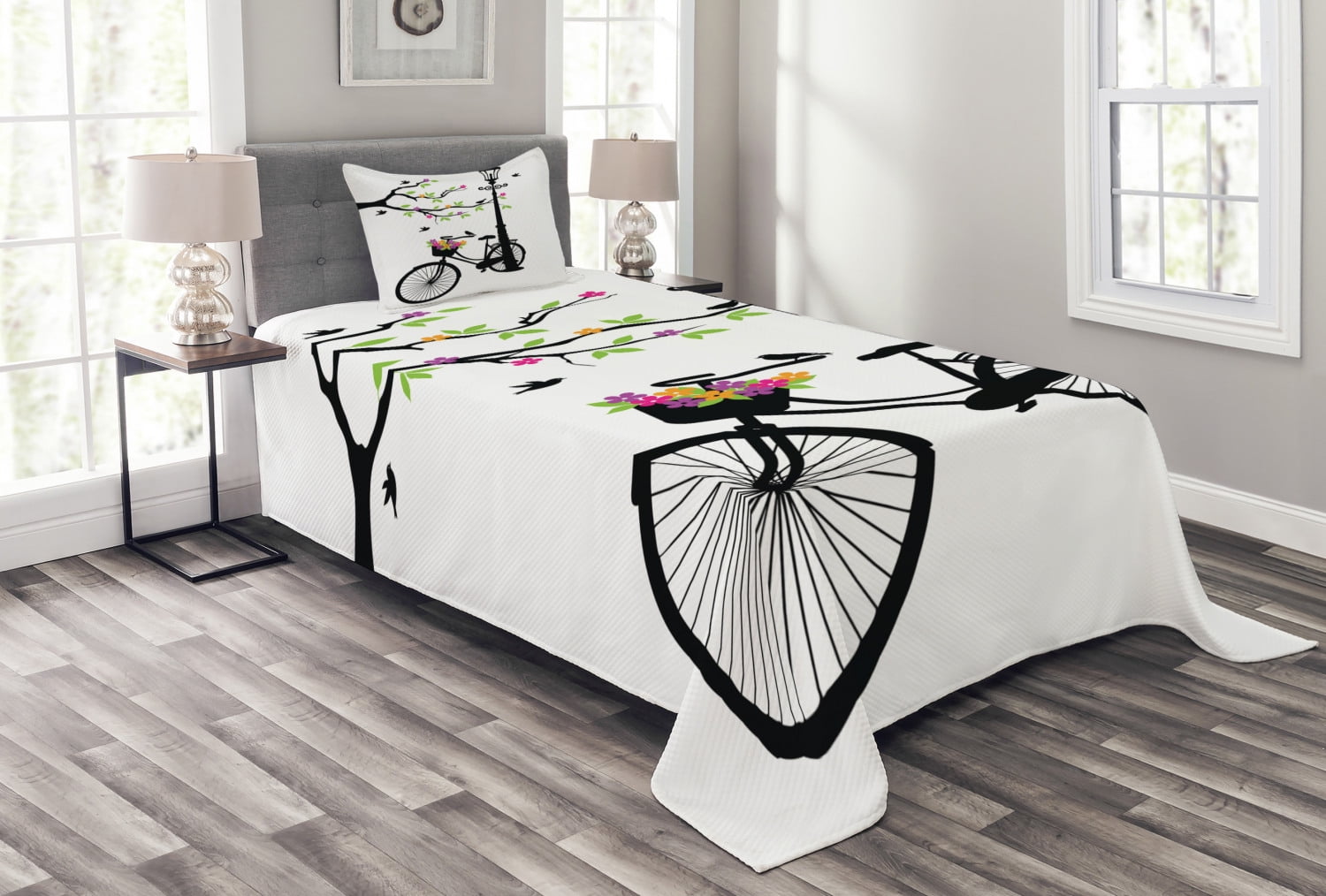 Ambesonne Nature Quilted Bedspread Set 2 Pcs, Spring Tree Birds Bike ...