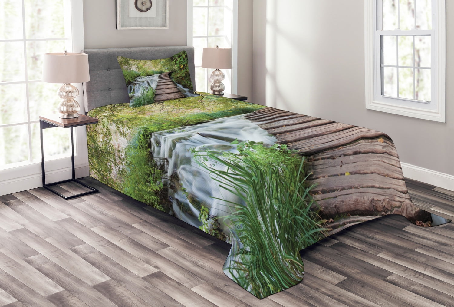 Ambesonne Nature Quilted Bedspread Set 2 Pcs, Stream in Green Jungle ...