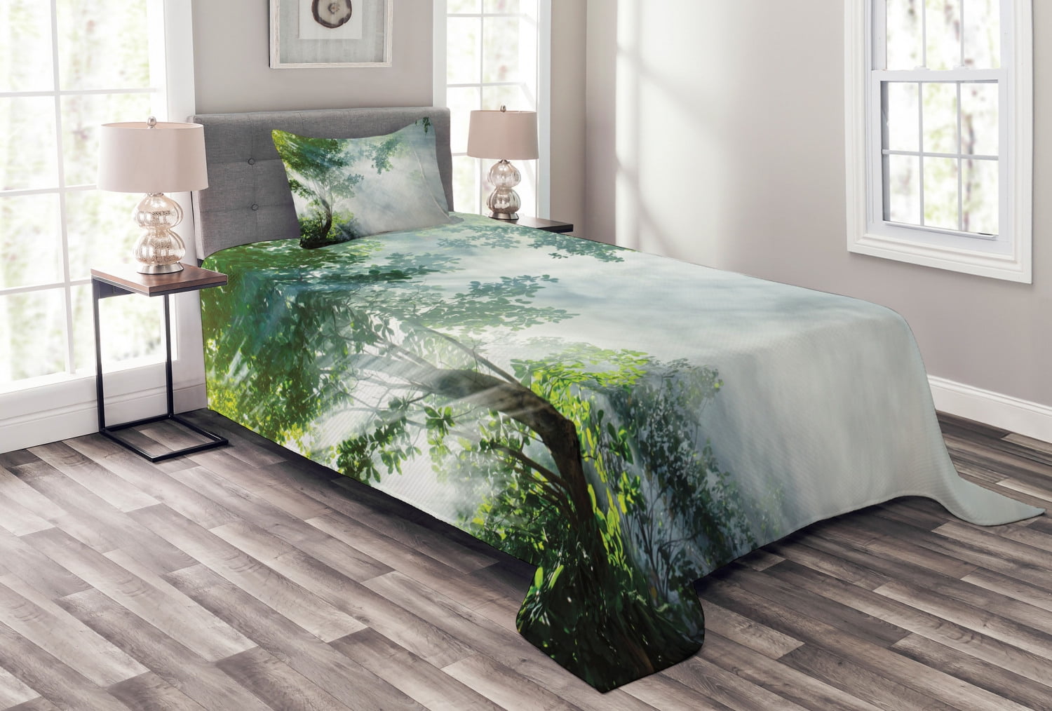 Ambesonne Nature Quilted Bedspread Set 2 Pcs, Sunbeams Shadows Idyllic ...