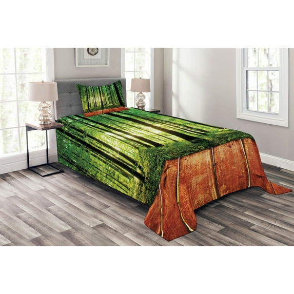 Ambesonne Nature Quilted Bedspread Set 2 Pcs, Sunlight Forest Trees ...