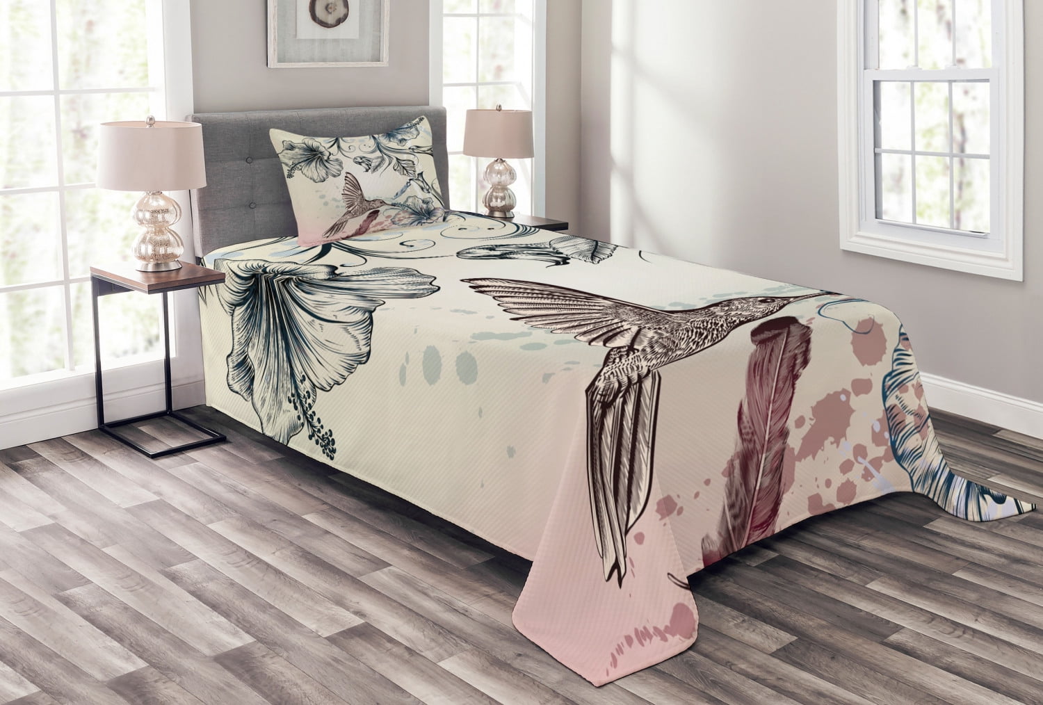 Ambesonne Nature Quilted Bedspread Set 2 Pcs, Vintage Birds Flowers ...