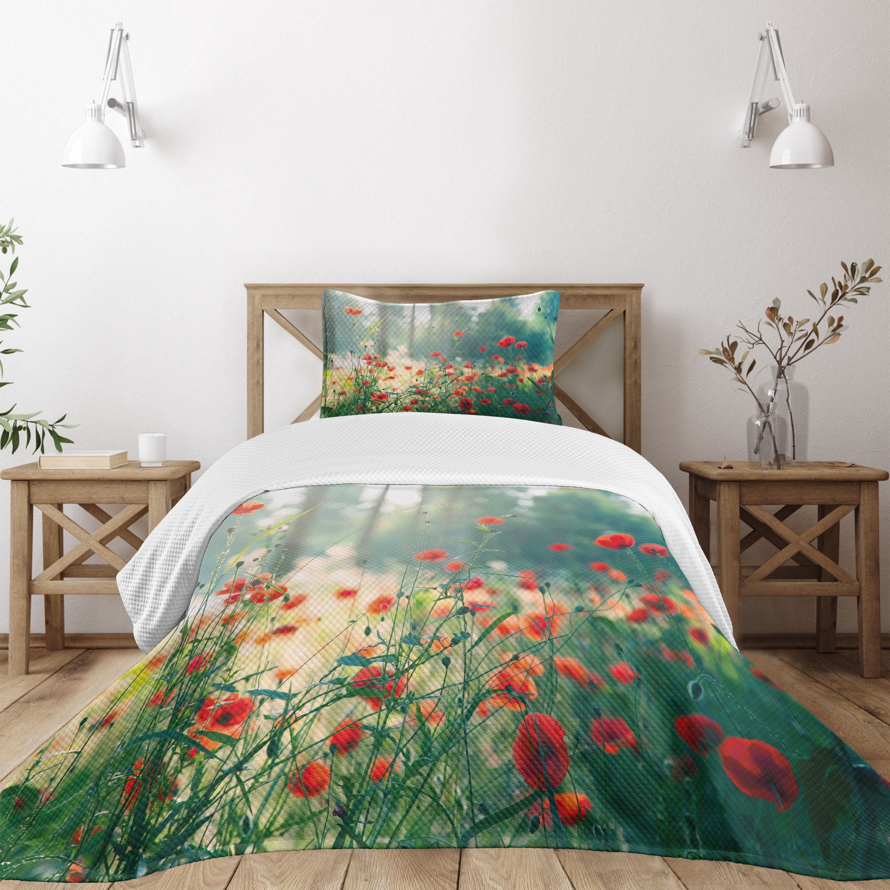 Ambesonne Nature Quilted Bedspread Set 2 Pcs, Wild Red Poppy Field ...