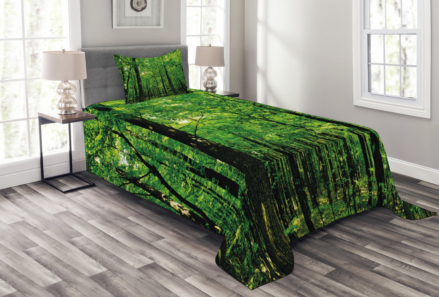 Ambesonne Nature Quilted Bedspread Set 2 Pcs, Woodland Tree Forest Sun ...