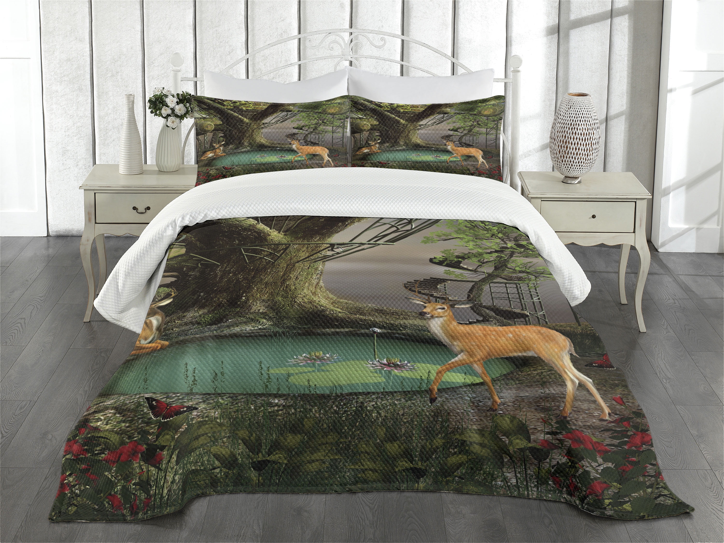 Ambesonne Nature Quilted Bedspread Set 3 Pcs, Abstract Deer and Tree ...