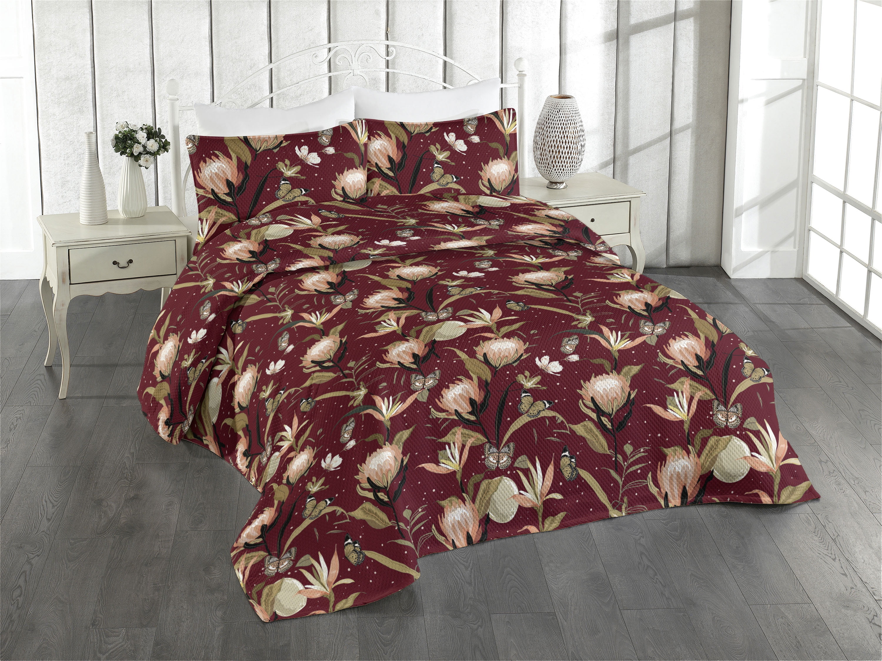 Ambesonne Nature Quilted Bedspread Set 3 Pcs, Art Butterfly Protea ...