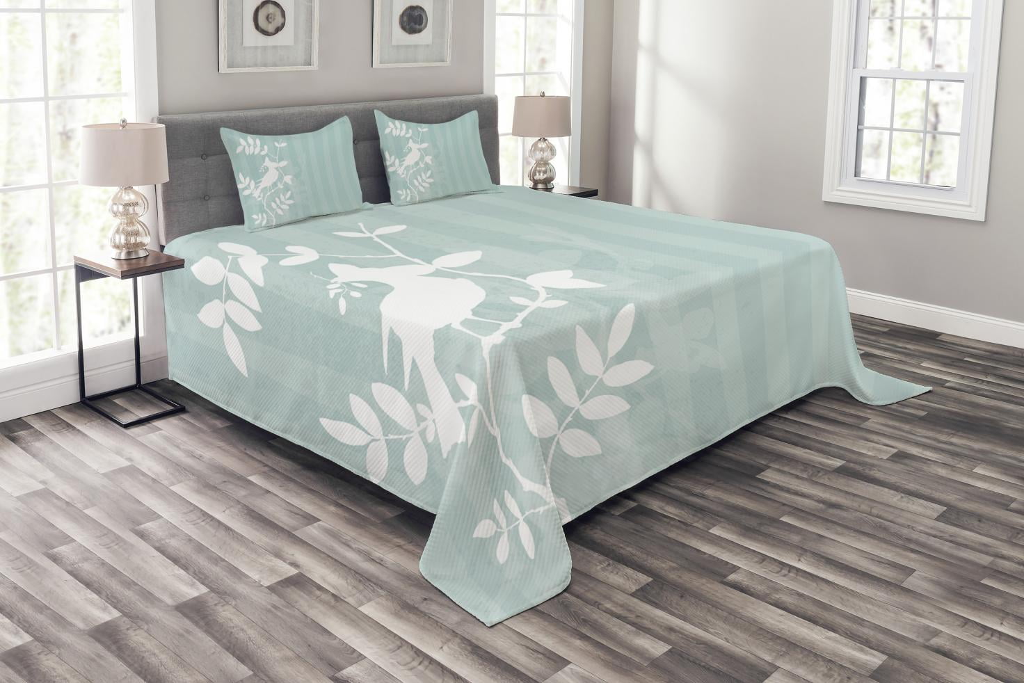 Ambesonne Nature Quilted Bedspread Set 3 Pcs, Bird Silhouette on Tree ...