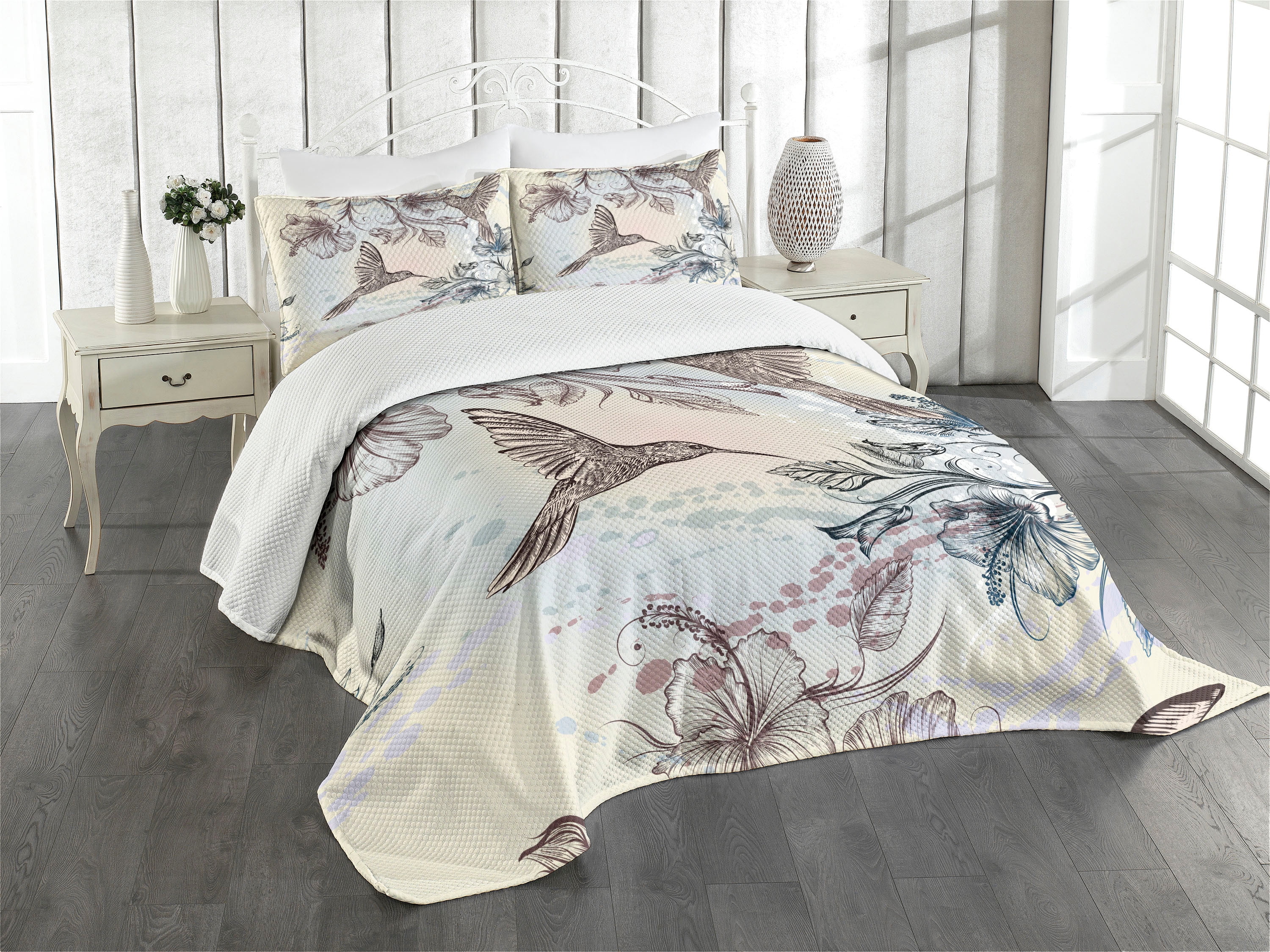 Ambesonne Nature Quilted Bedspread Set 3 Pcs, Birds Hibiscus Flowers ...