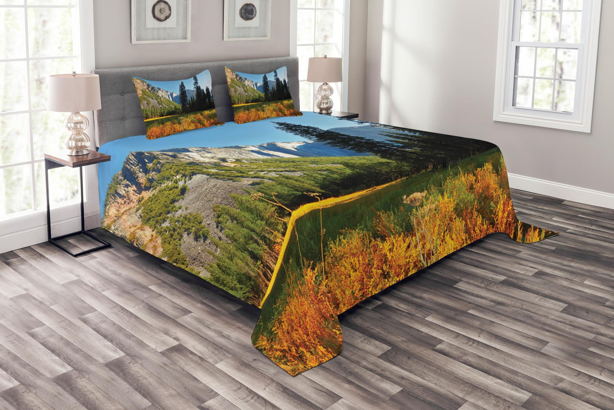 Ambesonne Nature Quilted Bedspread Set 3 Pcs, Birds over Mountains ...