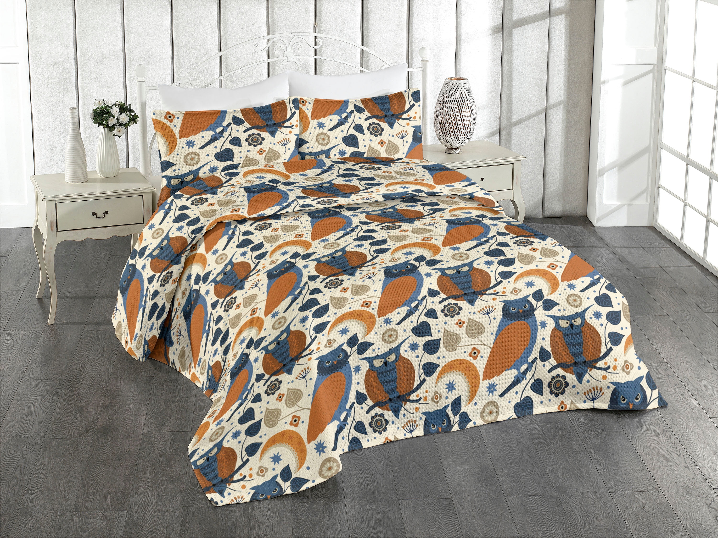 Ambesonne Nature Quilted Bedspread Set 3 Pcs, Bohemian Owls Crescent ...