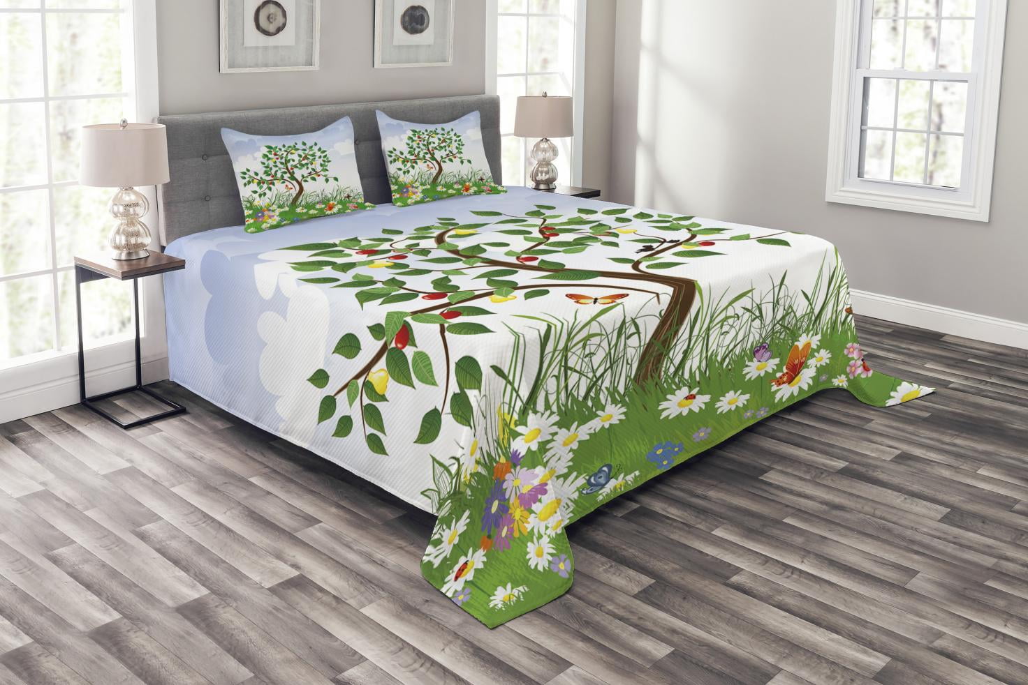Ambesonne Nature Quilted Bedspread Set 3 Pcs, Cartoon Garden Colorful ...
