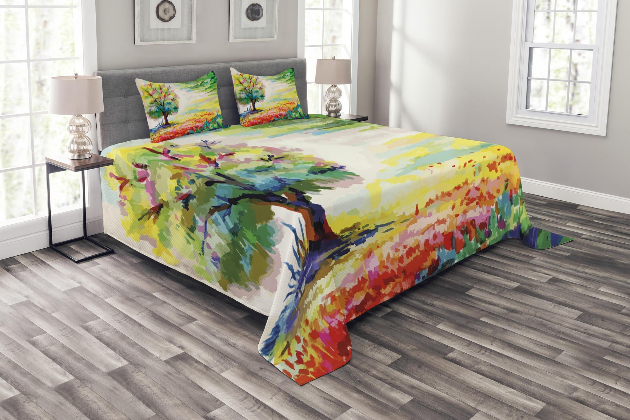 Ambesonne Nature Quilted Bedspread Set 3 Pcs, Colorful Rural Scenery ...