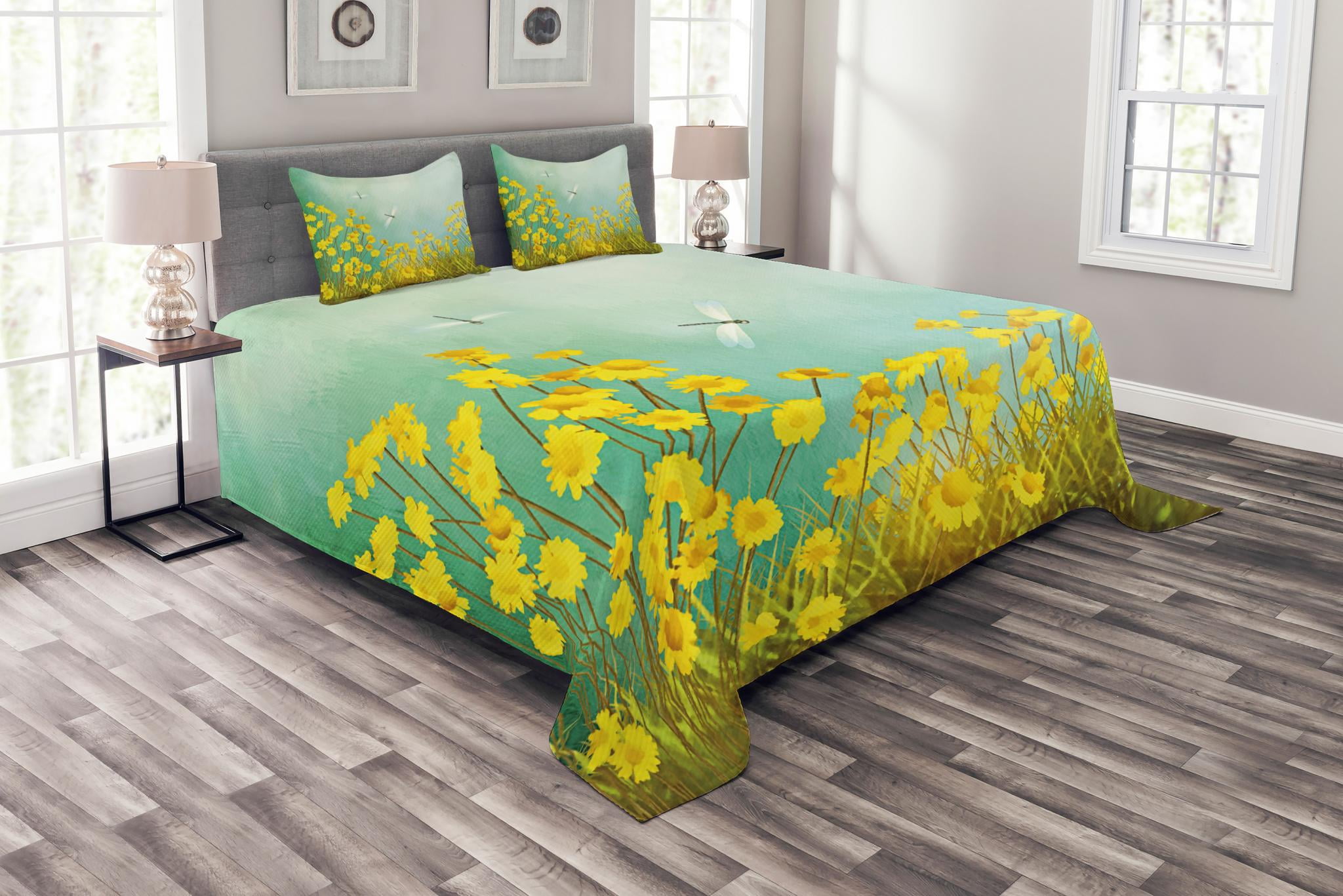 Ambesonne Nature Quilted Bedspread Set 3 Pcs, Daisies and Dragonflies ...
