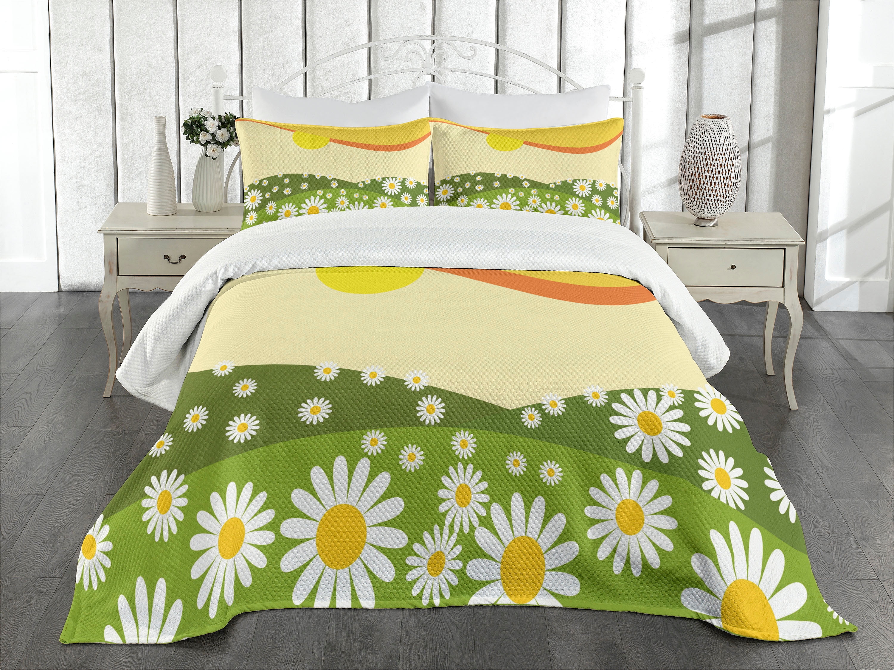 Ambesonne Nature Quilted Bedspread Set 3 Pcs, Daisy Flower Field Sun ...