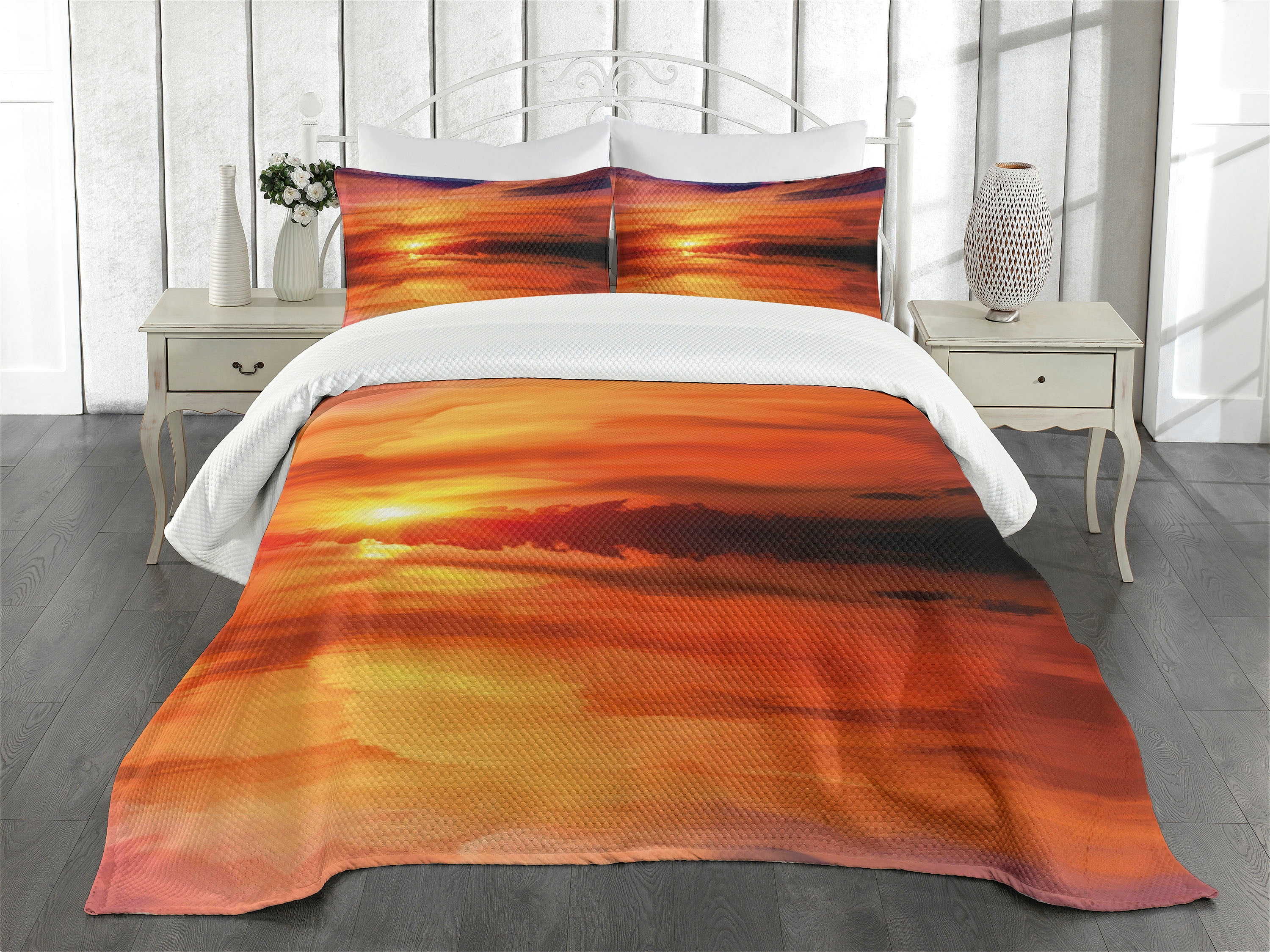 Ambesonne Nature Quilted Bedspread Set 3 Pcs, Dramatic Sunset Lake ...