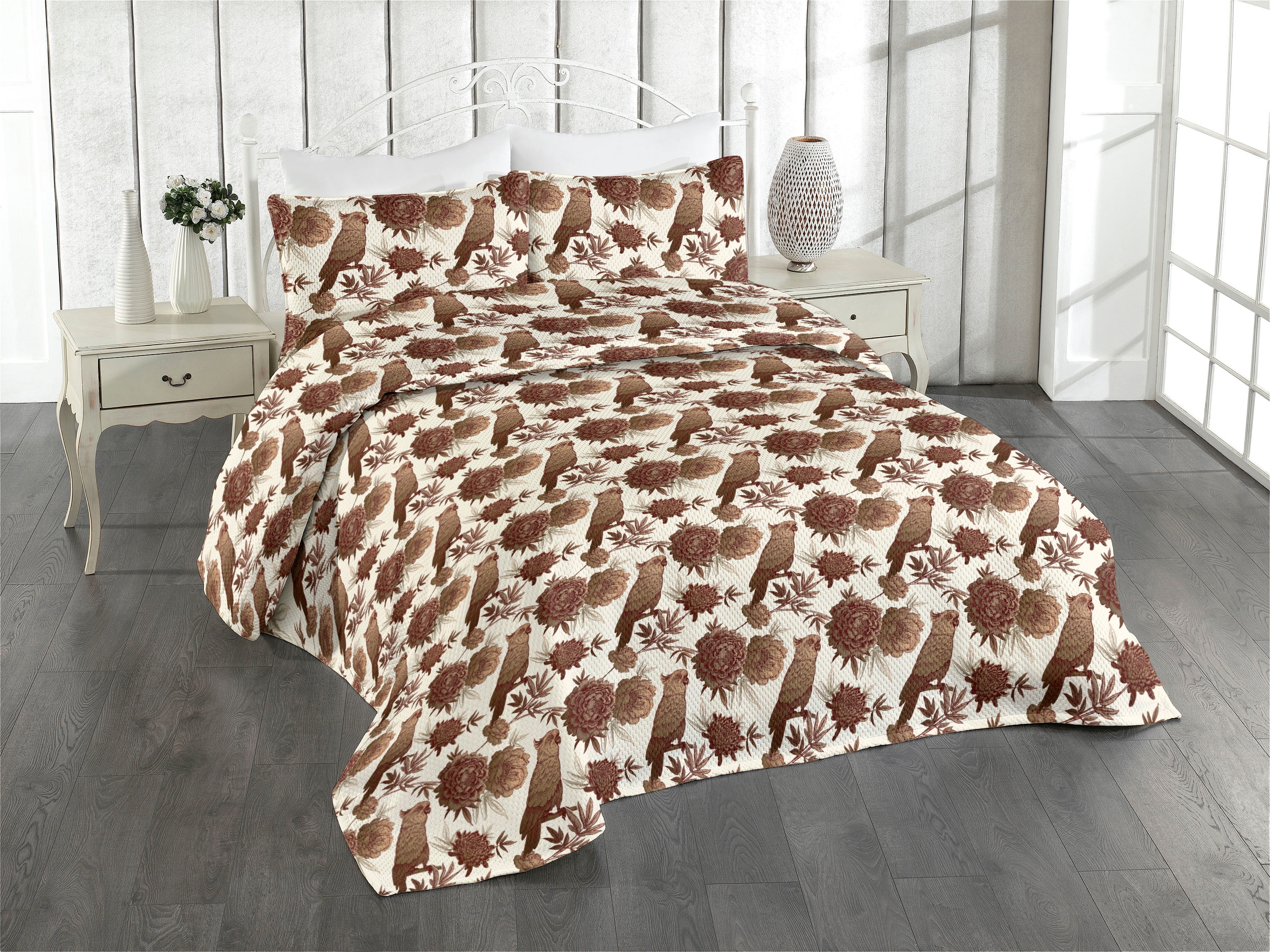 Ambesonne Nature Quilted Bedspread Set 3 Pcs, Exotic Parrot Sketch Art ...