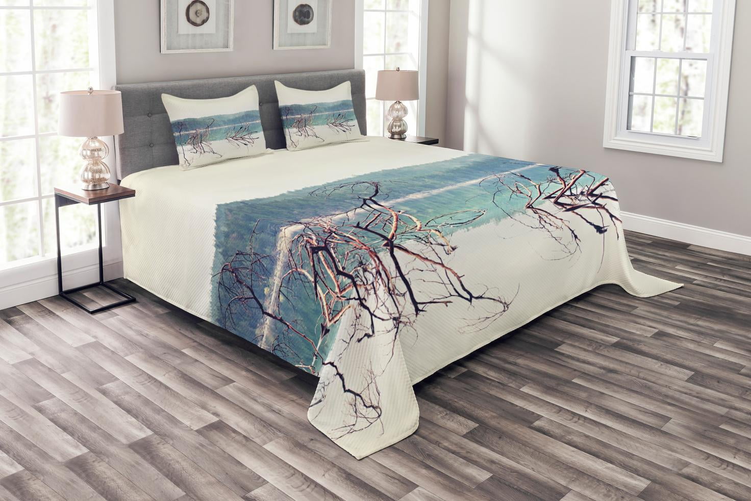 Ambesonne Nature Quilted Bedspread Set 3 Pcs, Fallen Tree in Beach ...