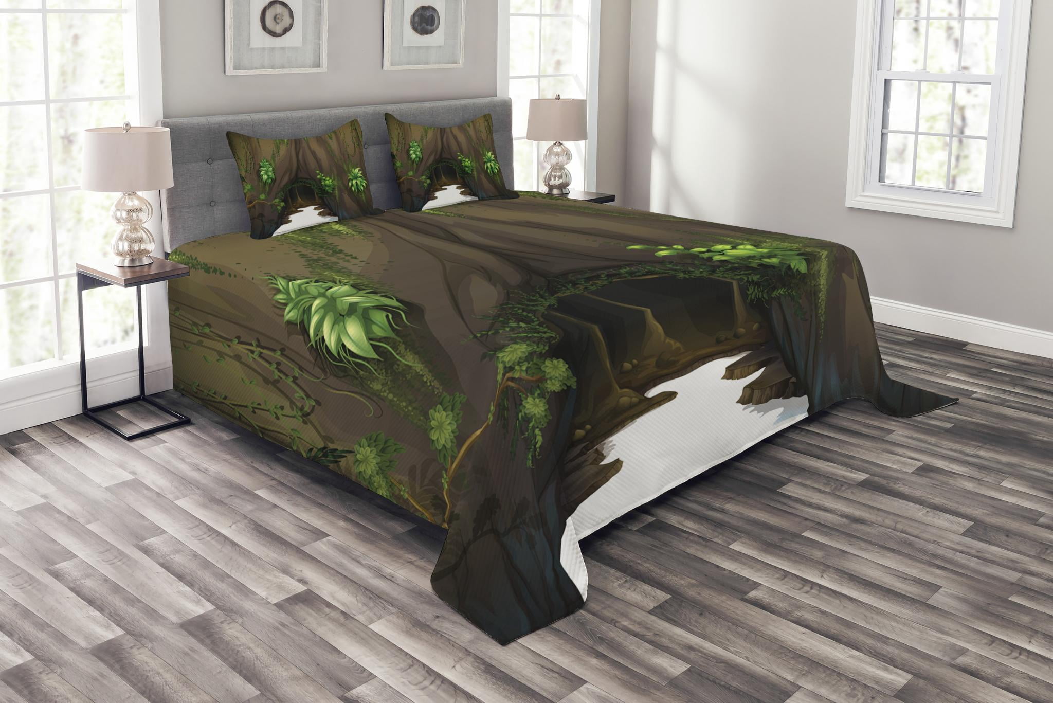 Ambesonne Nature Quilted Bedspread Set 3 Pcs, Fantasy Tree Cave Moss ...