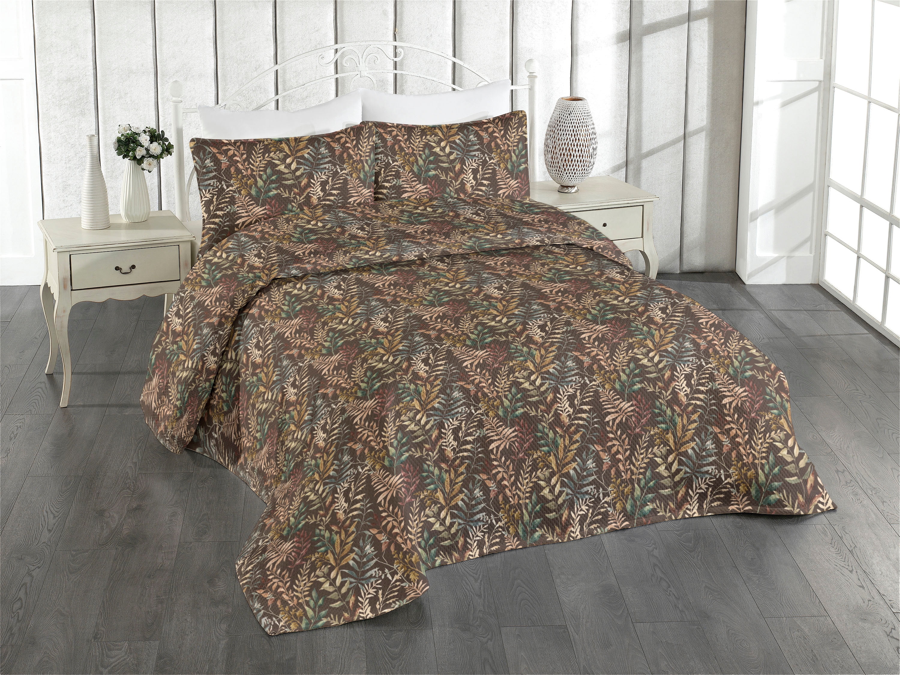 Ambesonne Nature Quilted Bedspread Set 3 Pcs, Fashion Watercolor Leaves ...