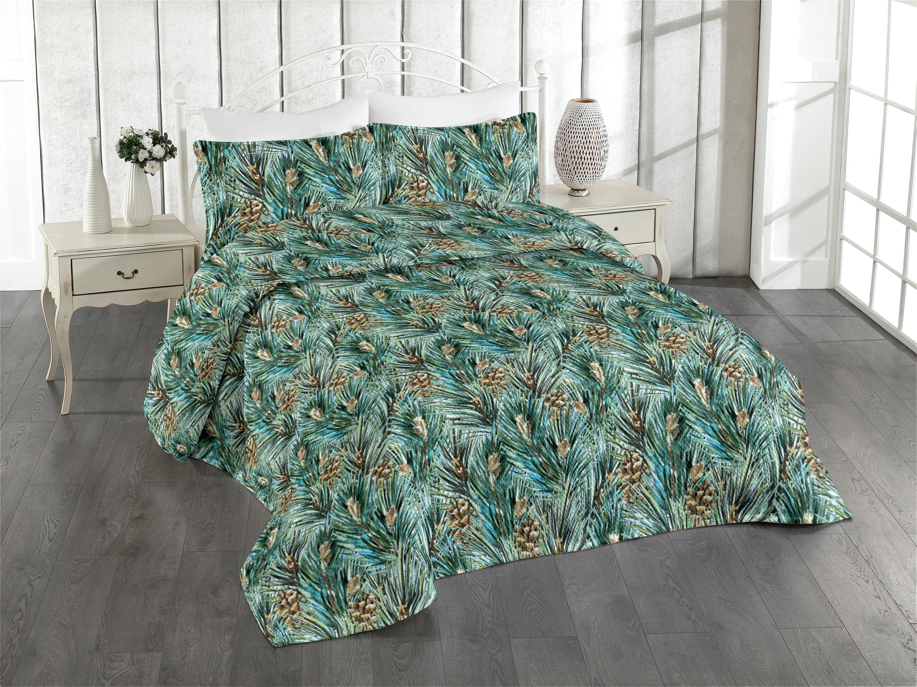 Ambesonne Nature Quilted Bedspread Set 3 Pcs, Fir Leaves and Cones Art ...