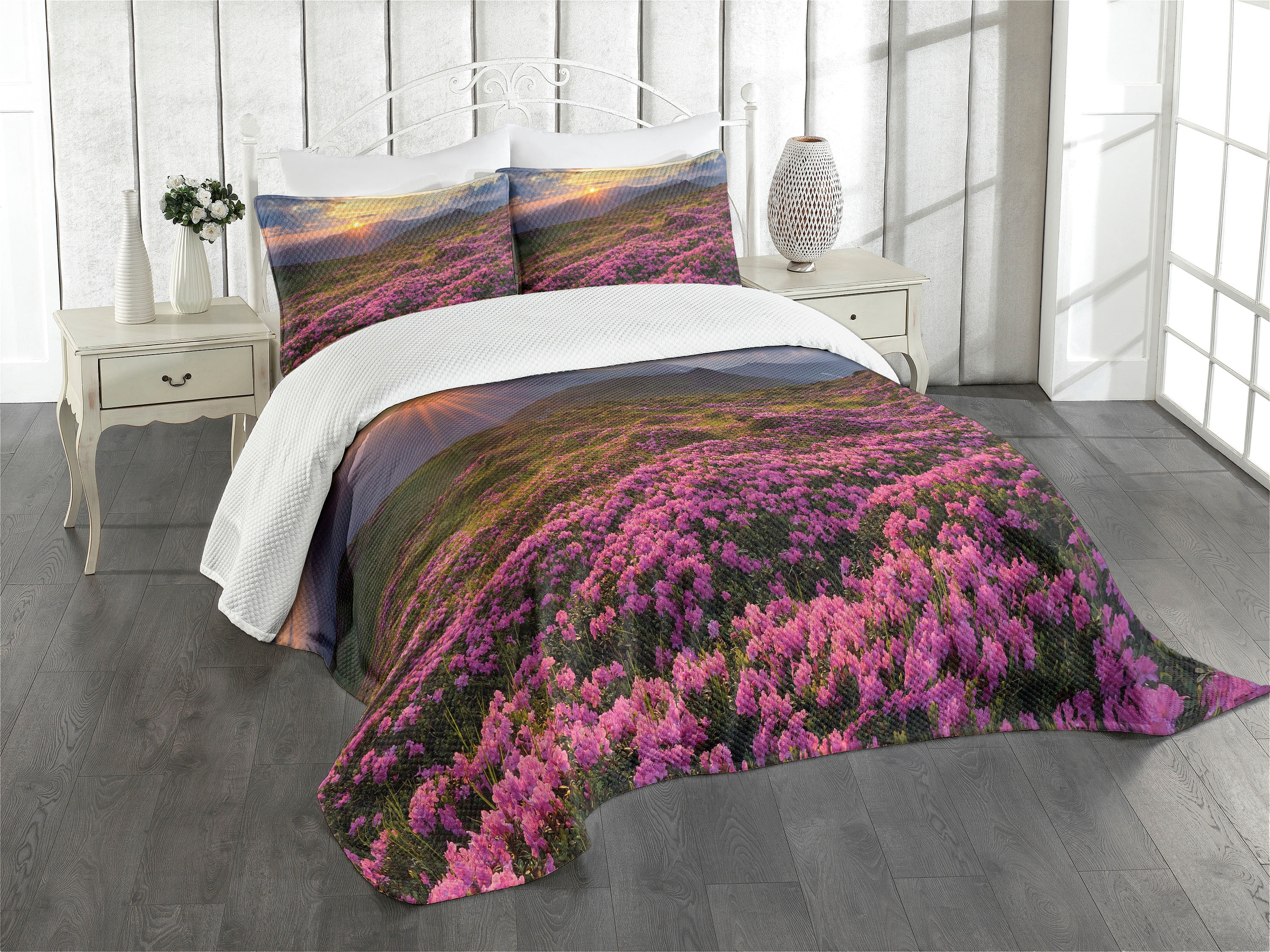 Ambesonne Nature Quilted Bedspread Set 3 Pcs, Flower Meadow Mountain ...