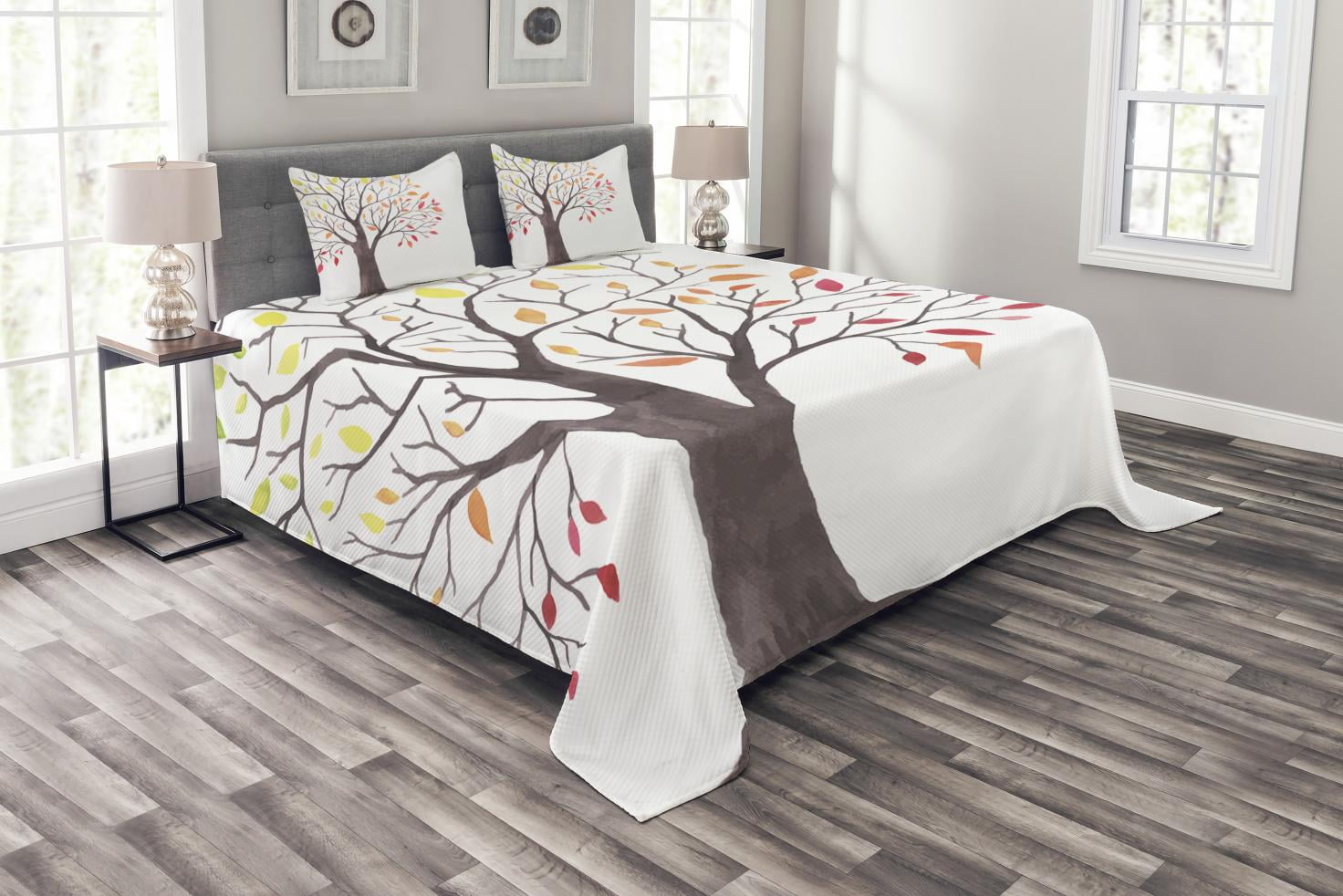 Ambesonne Nature Quilted Bedspread Set 3 Pcs, Forest Trees with Leaves ...