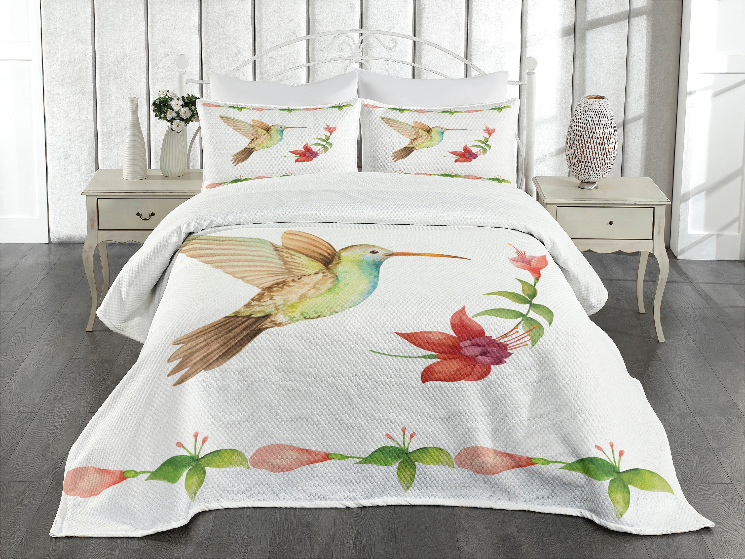 Ambesonne Nature Quilted Bedspread Set 3 Pcs, Hummingbird Art, Queen ...