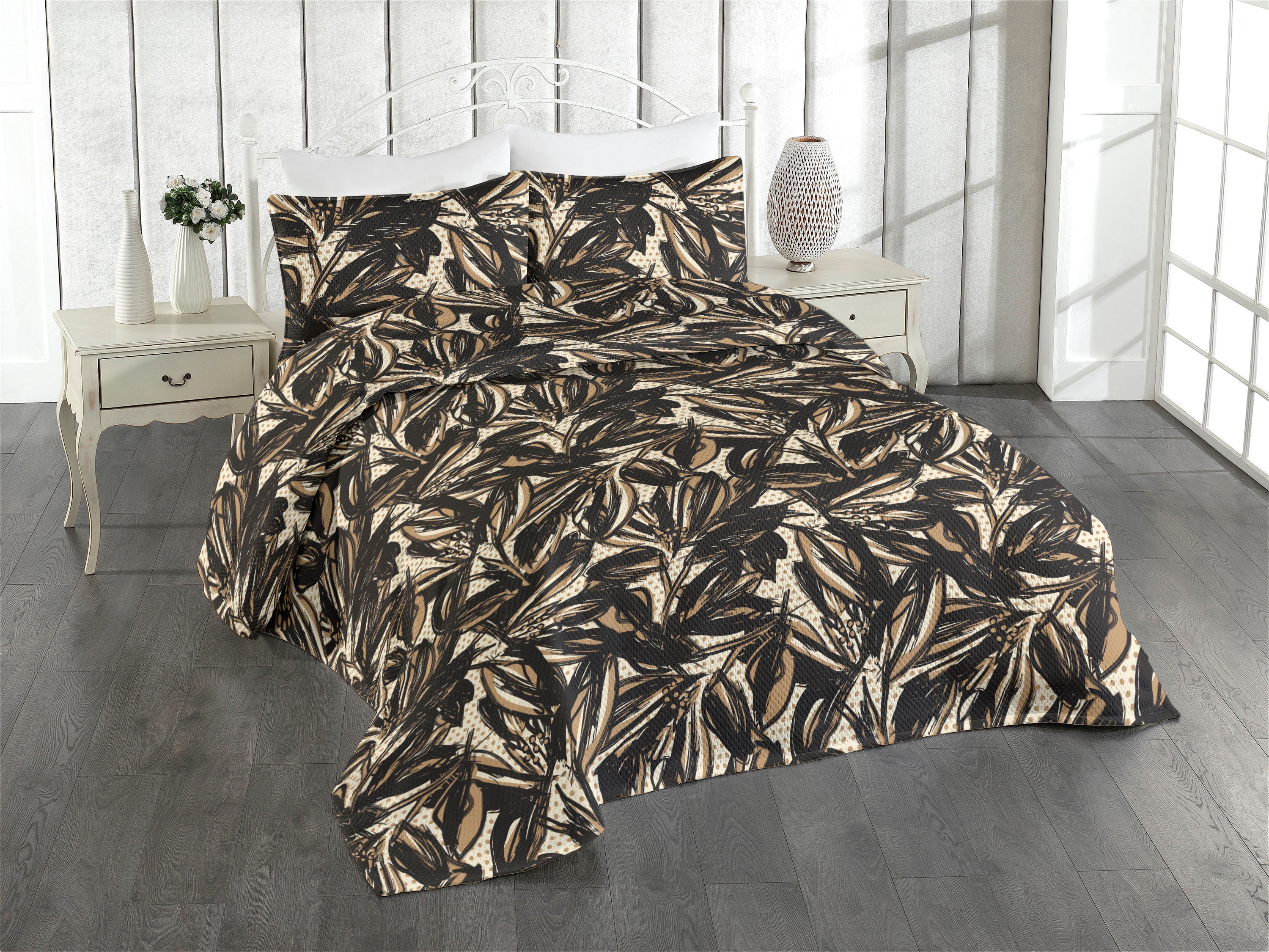 Ambesonne Nature Quilted Bedspread Set 3 Pcs, Jungle Leaves Dotted Back ...