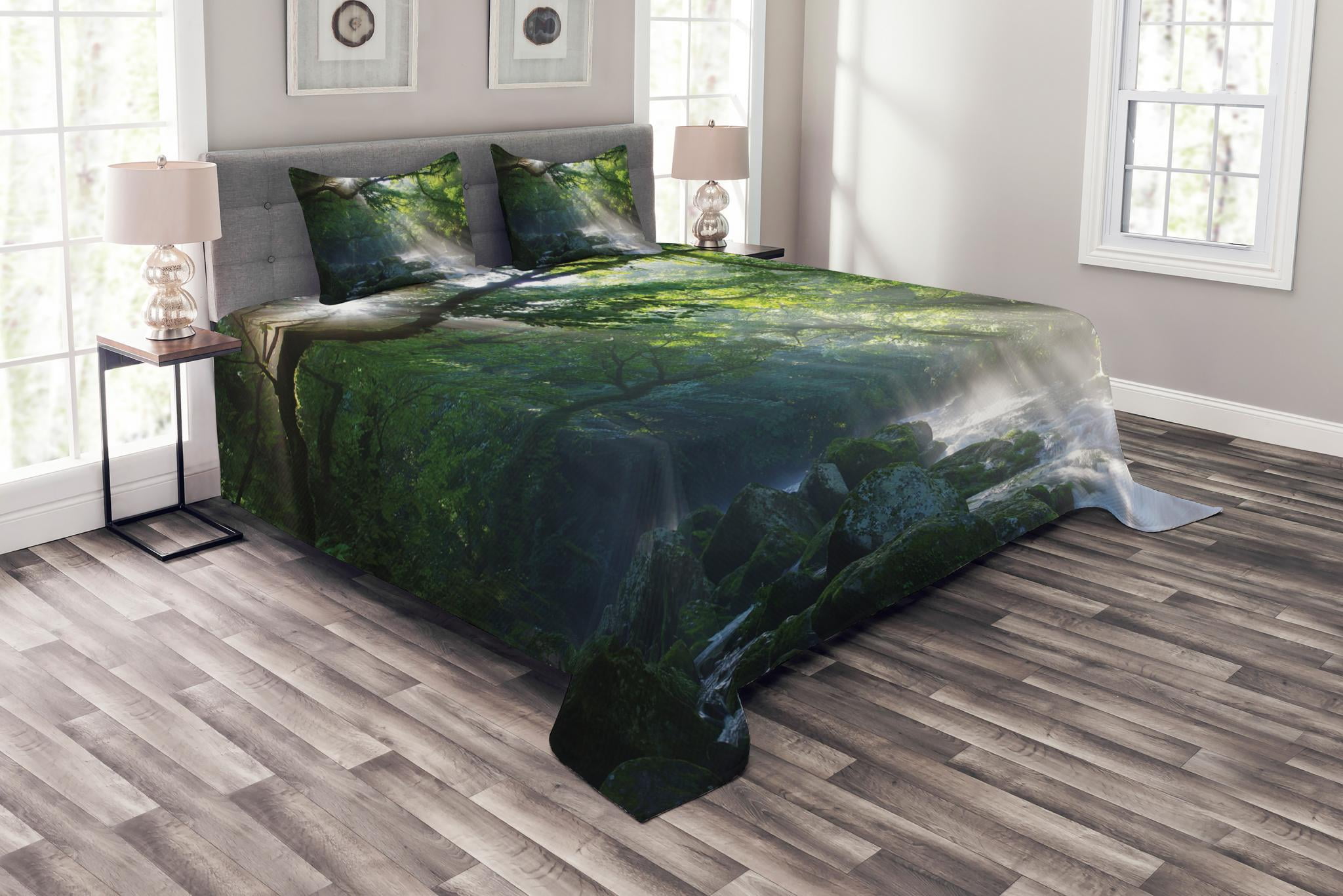 Ambesonne Nature Quilted Bedspread Set 3 Pcs, Jungle Sunlight Trees ...