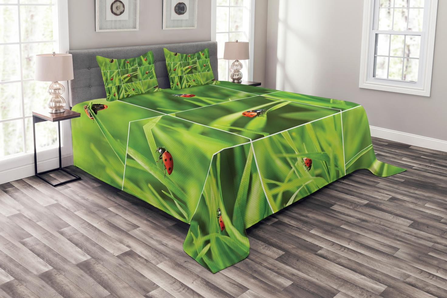 Ambesonne Nature Quilted Bedspread Set 3 Pcs, Ladybug over Fresh Grass ...