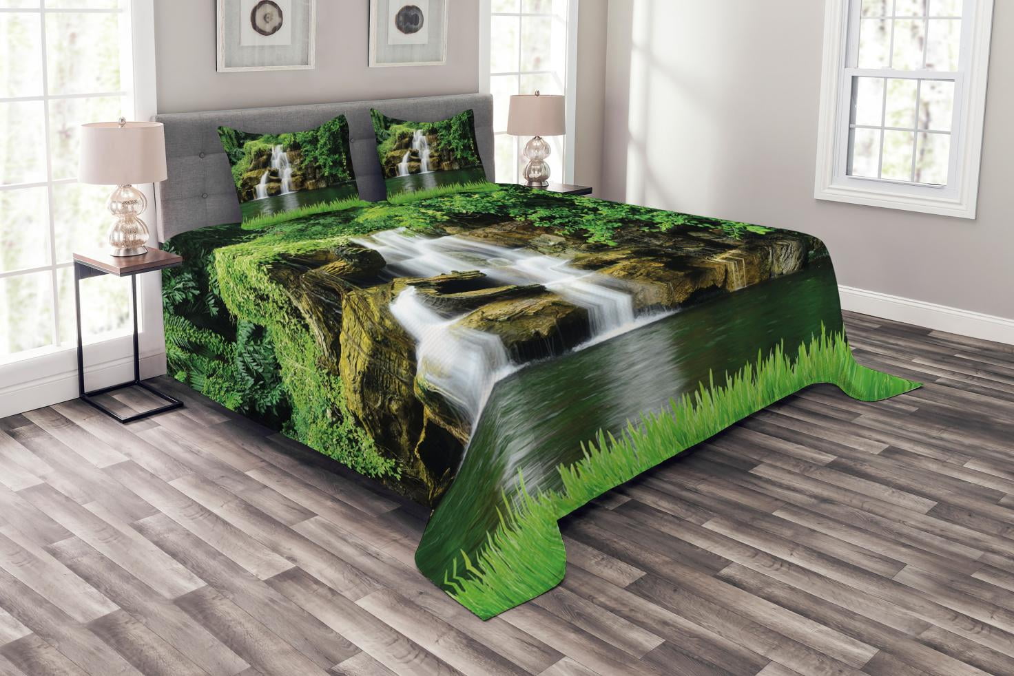 Ambesonne Nature Quilted Bedspread Set 3 Pcs, Lake Garden Waterfall ...