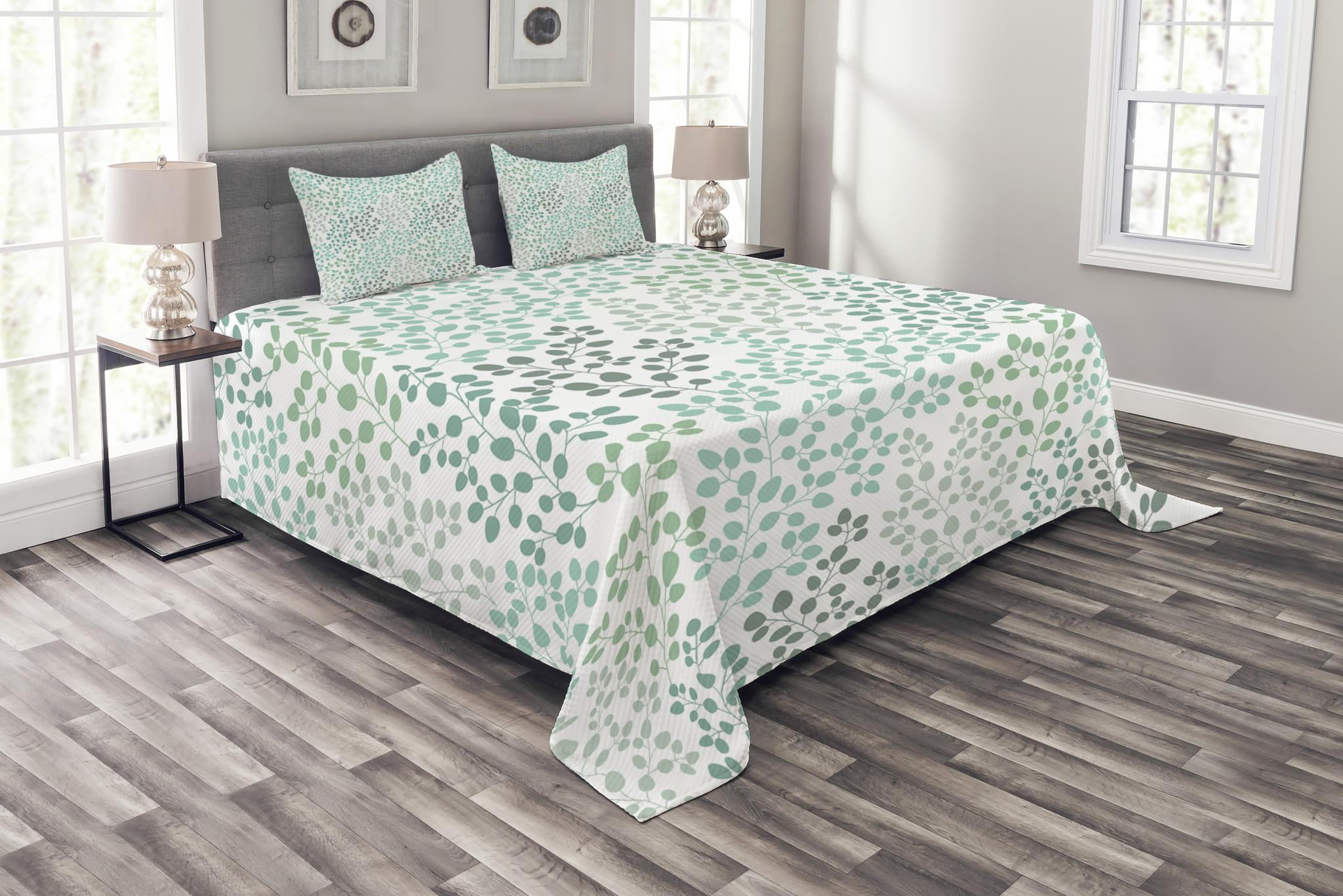 Ambesonne Nature Quilted Bedspread Set 3 Pcs, Leaf Braches Pattern ...