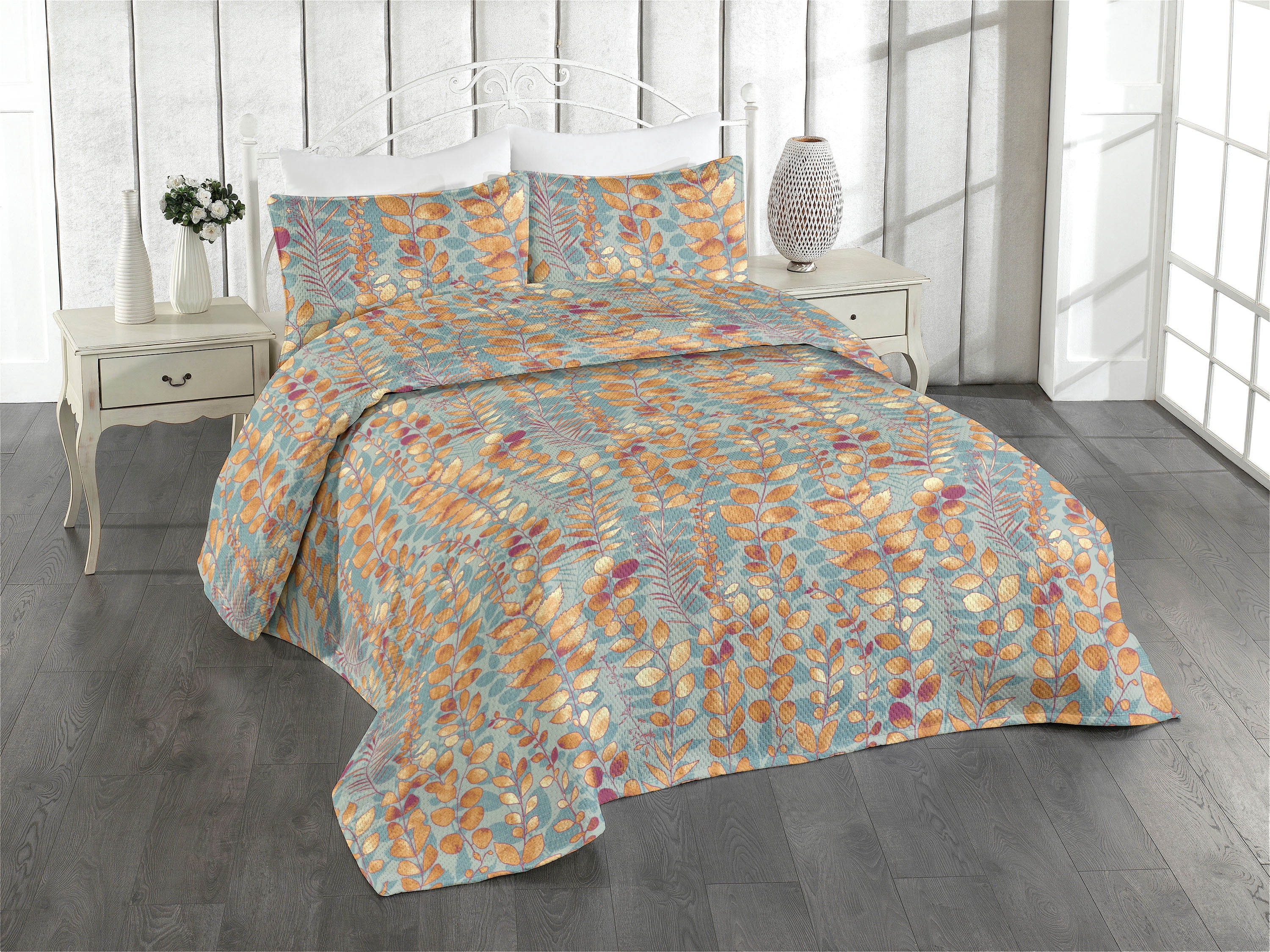 Ambesonne Nature Quilted Bedspread Set 3 Pcs, Leaves in Warm Colors Art ...