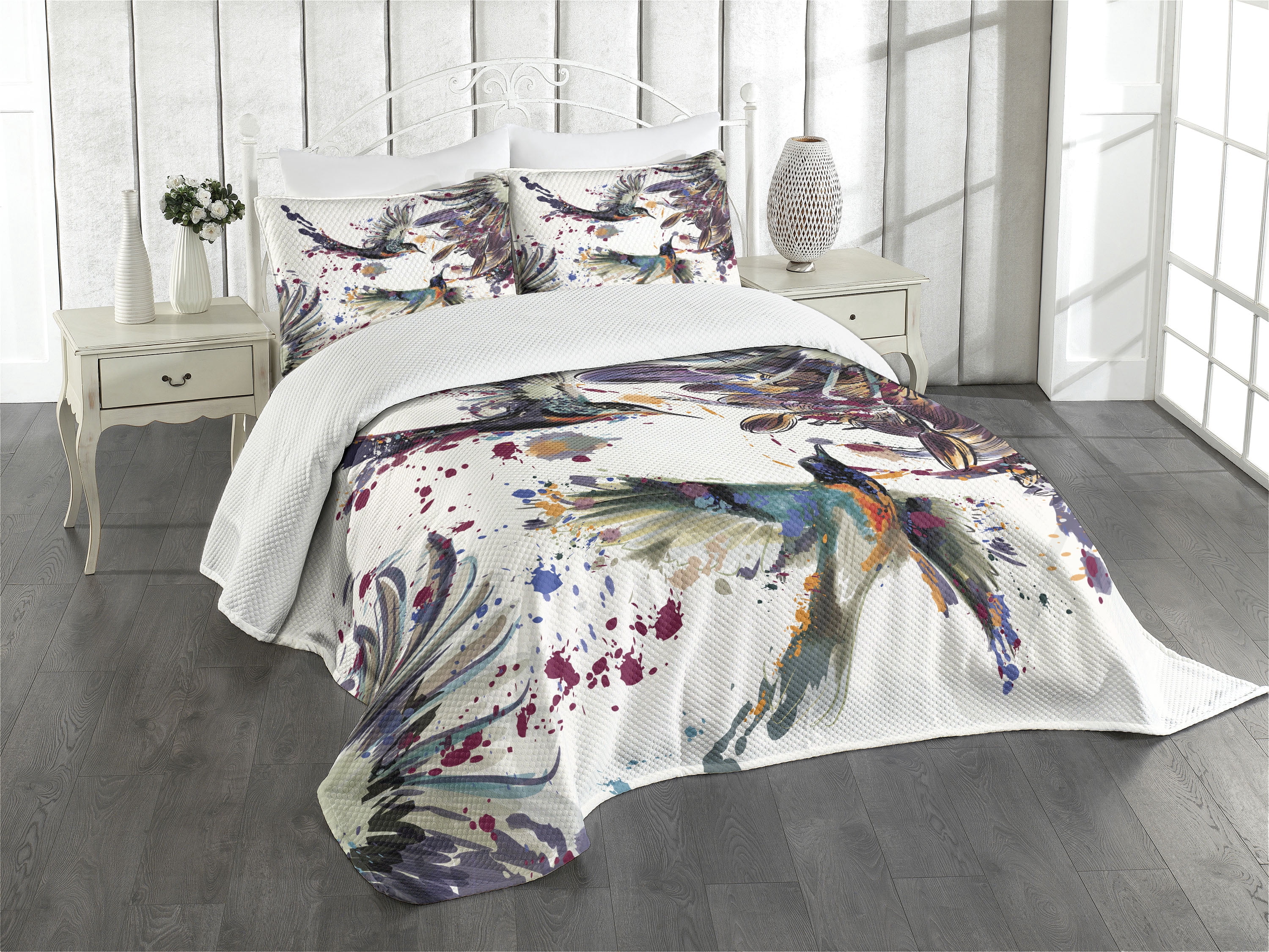 Ambesonne Nature Quilted Bedspread Set 3 Pcs, Lily Birds Watercolor ...