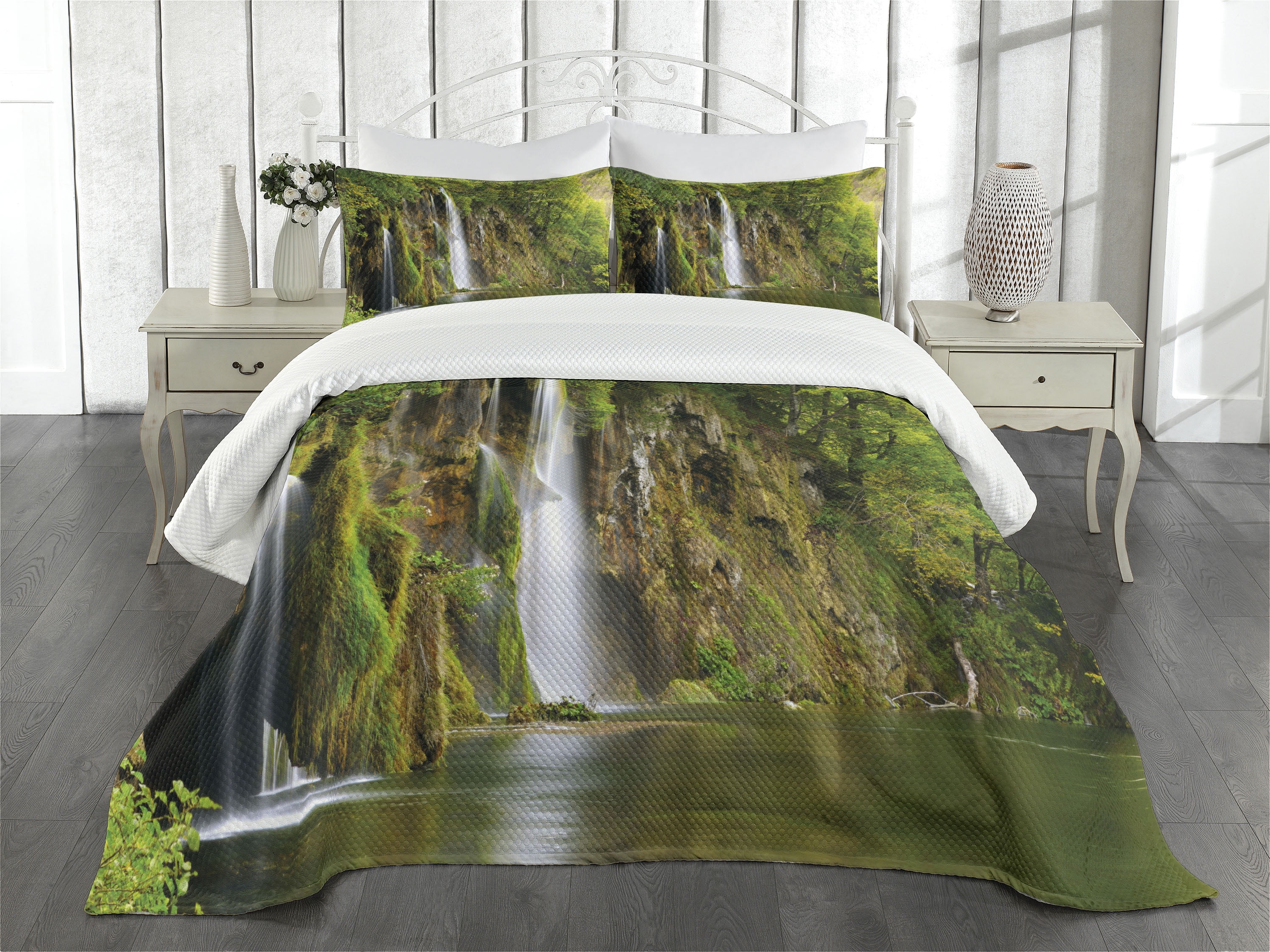 Ambesonne Nature Quilted Bedspread Set 3 Pcs, Majestic Waterfall River ...