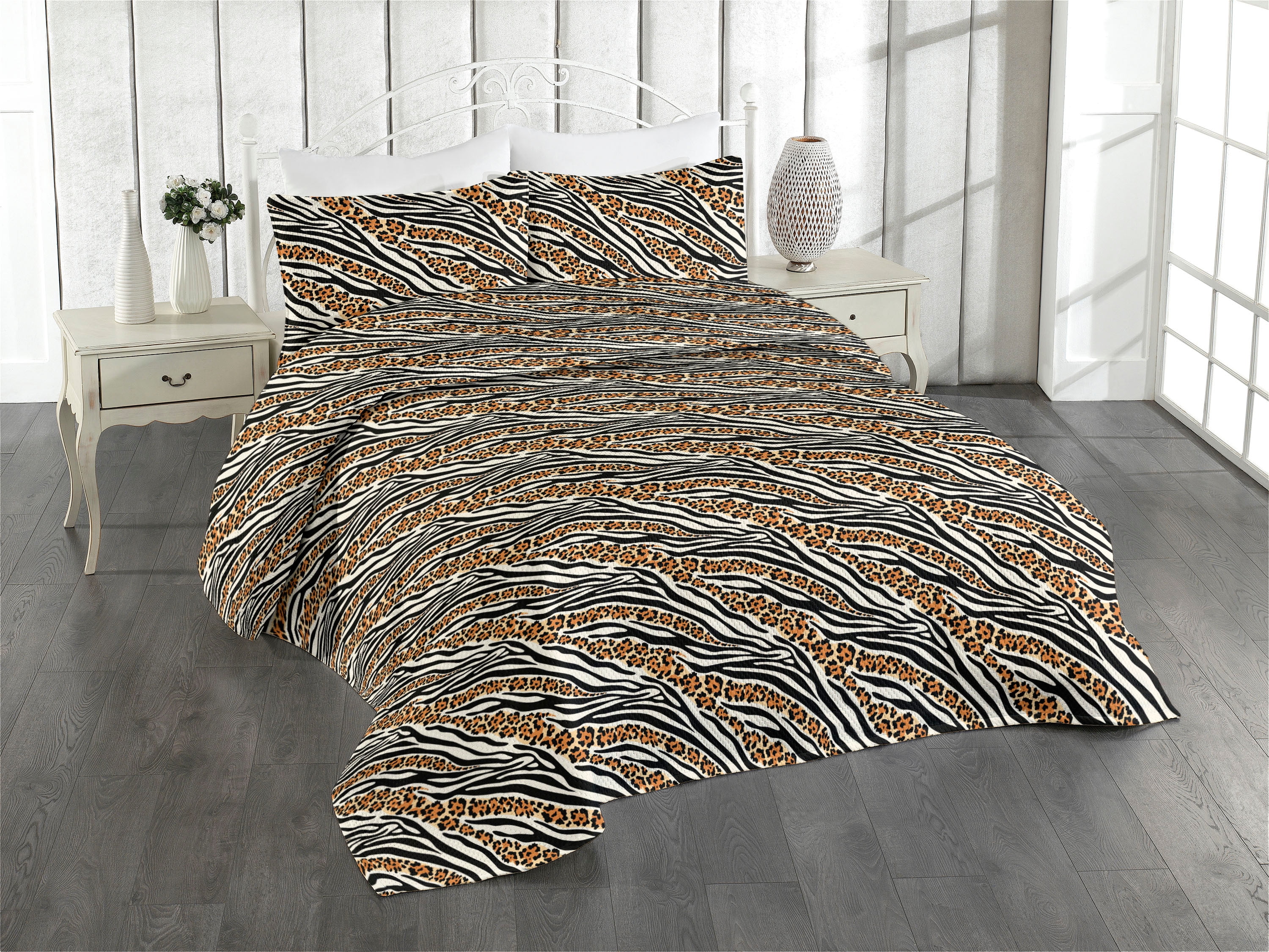 Ambesonne Nature Quilted Bedspread Set 3 Pcs, Mixed Leopard and Zebra ...