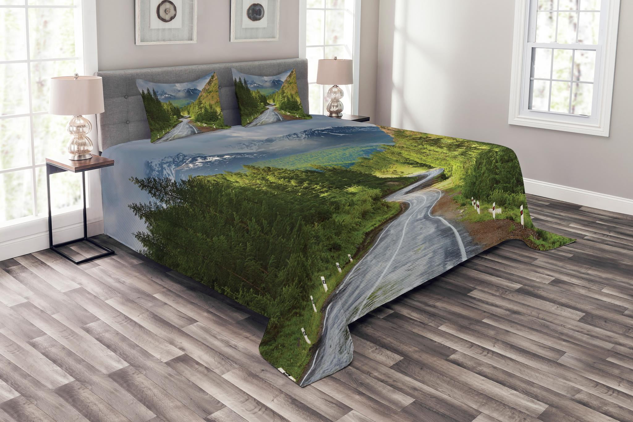 Ambesonne Nature Quilted Bedspread Set 3 Pcs, Mountain Landscape Road ...