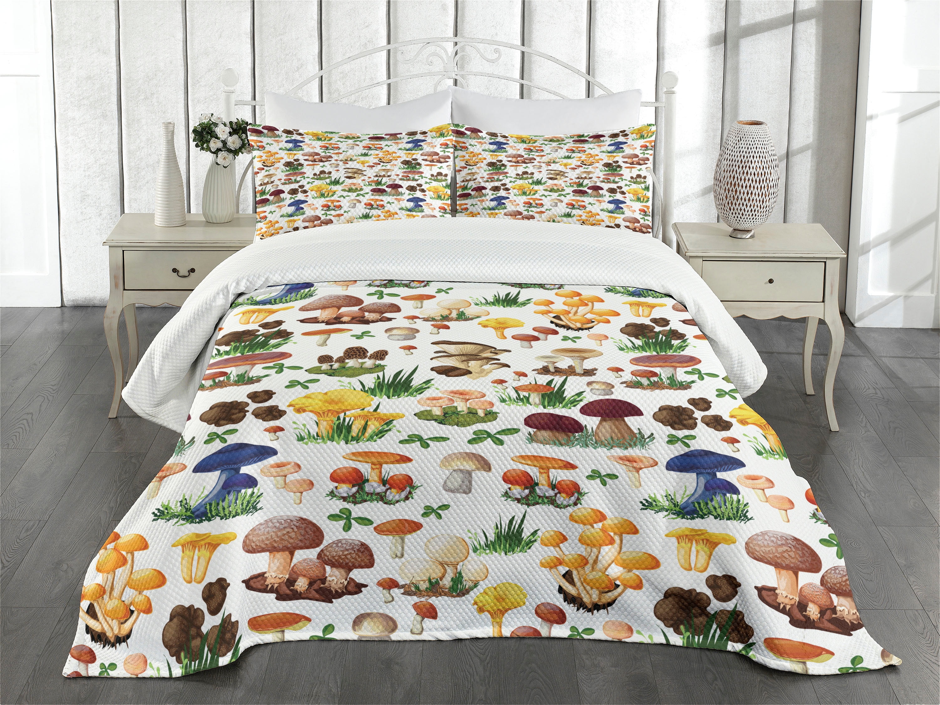 Ambesonne Nature Quilted Bedspread Set 3 Pcs, Mushrooms Wild Nature ...