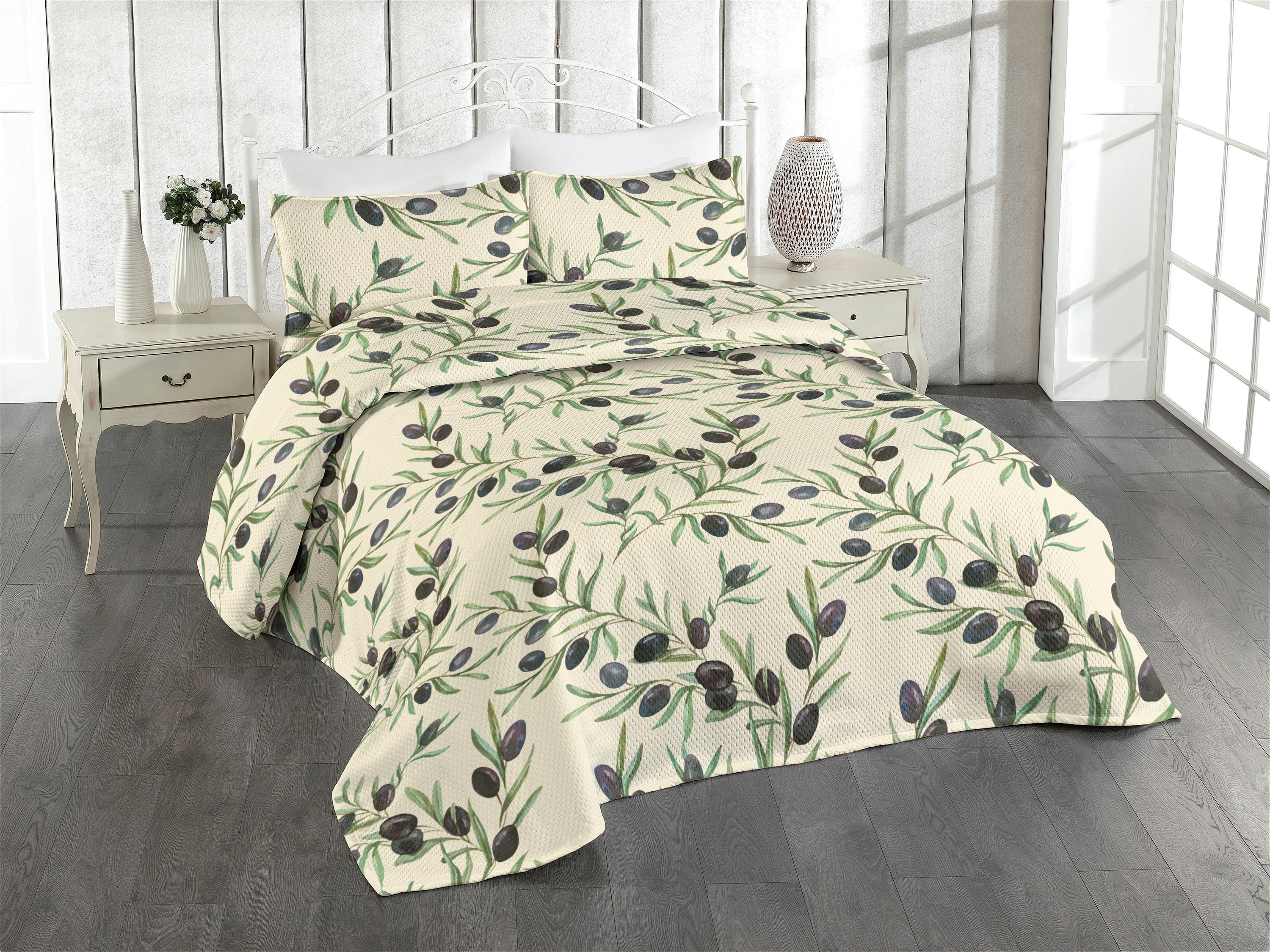 Ambesonne Nature Quilted Bedspread Set 3 Pcs, Olives and Leaves Pattern ...