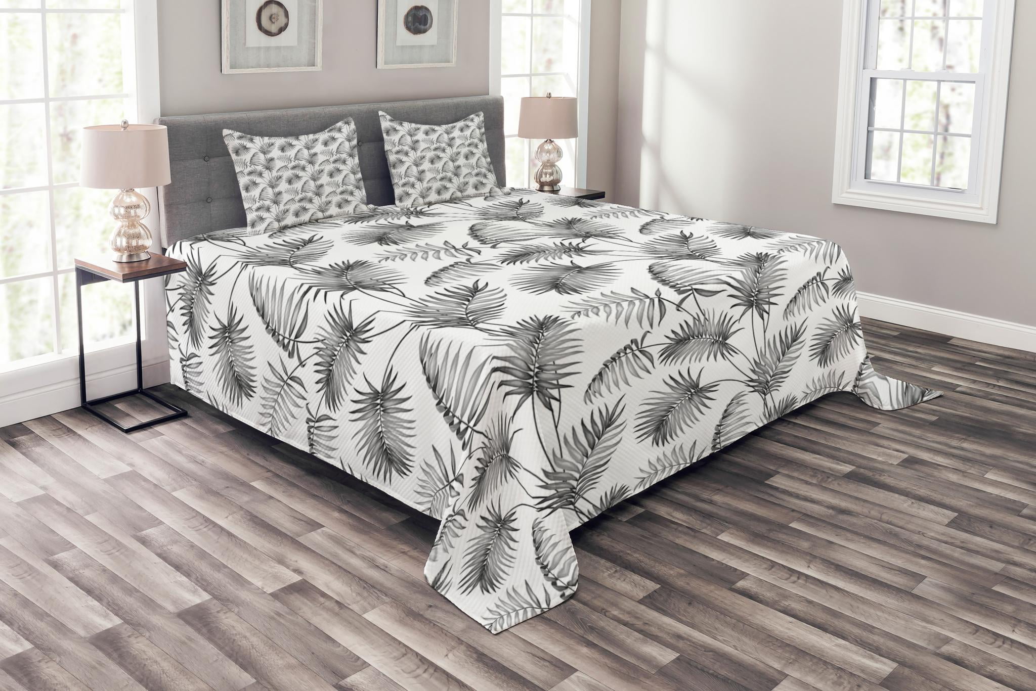 Ambesonne Nature Quilted Bedspread Set 3 Pcs, Palm Leaf Botanic Island ...