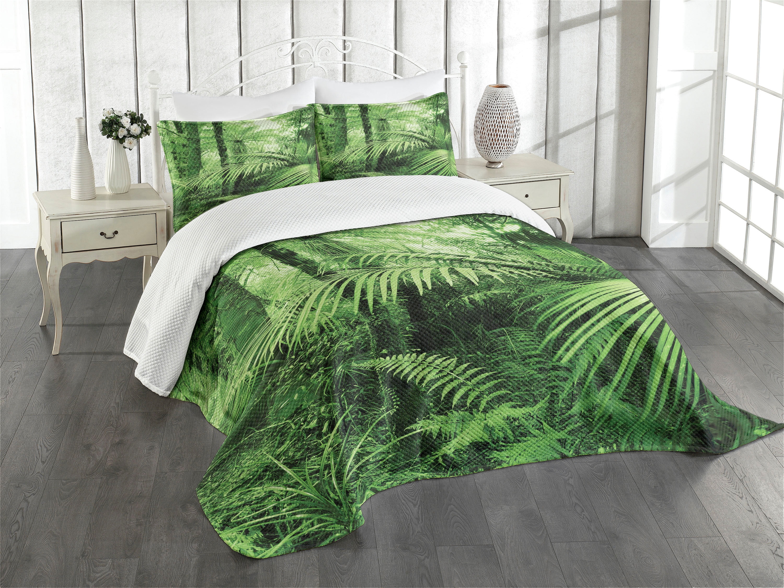Ambesonne Nature Quilted Bedspread Set 3 Pcs, Palm Trees Exotic Plants ...