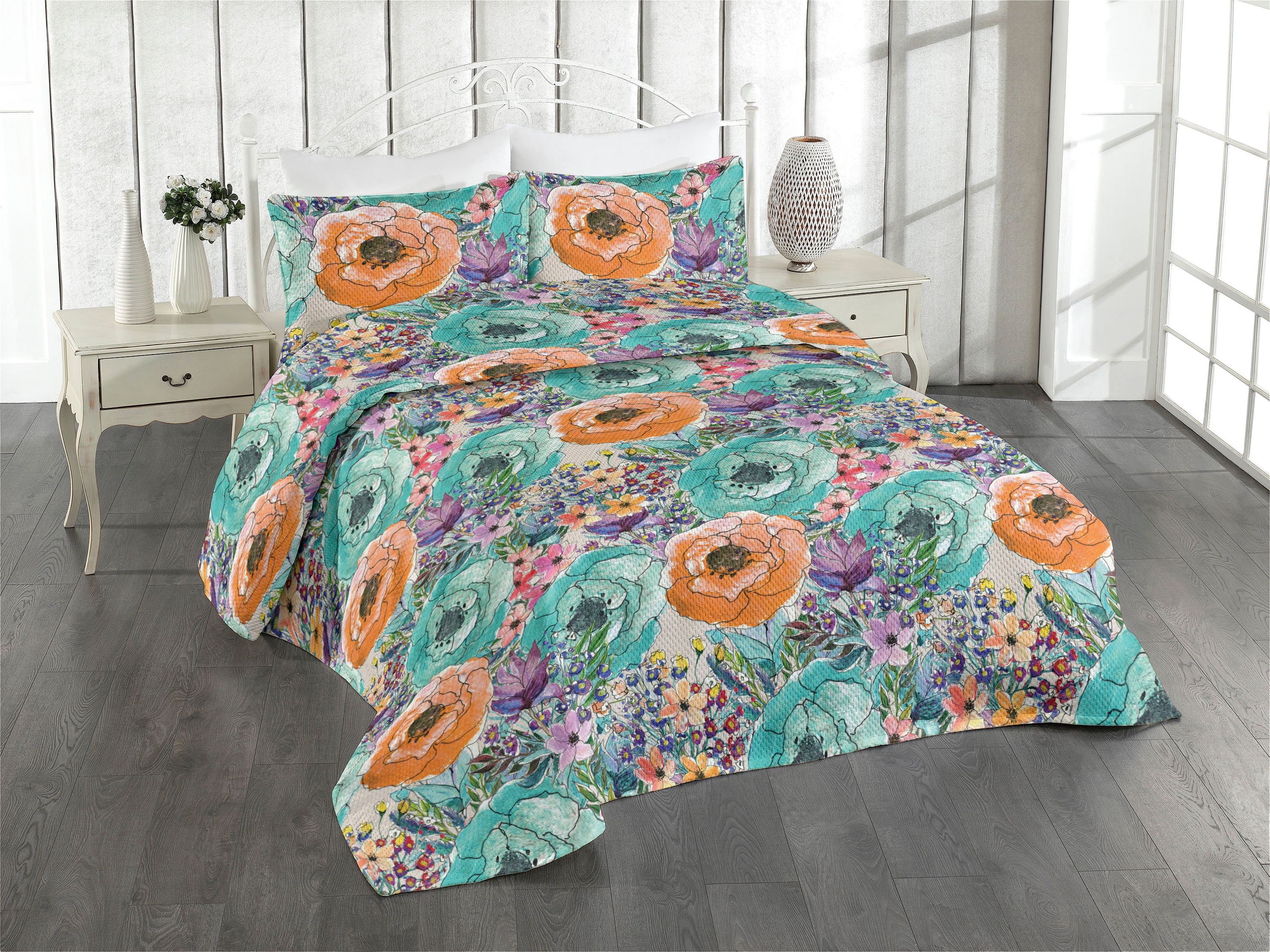 Ambesonne Nature Quilted Bedspread Set 3 Pcs, Pastel Hand-Drawn Flowers ...
