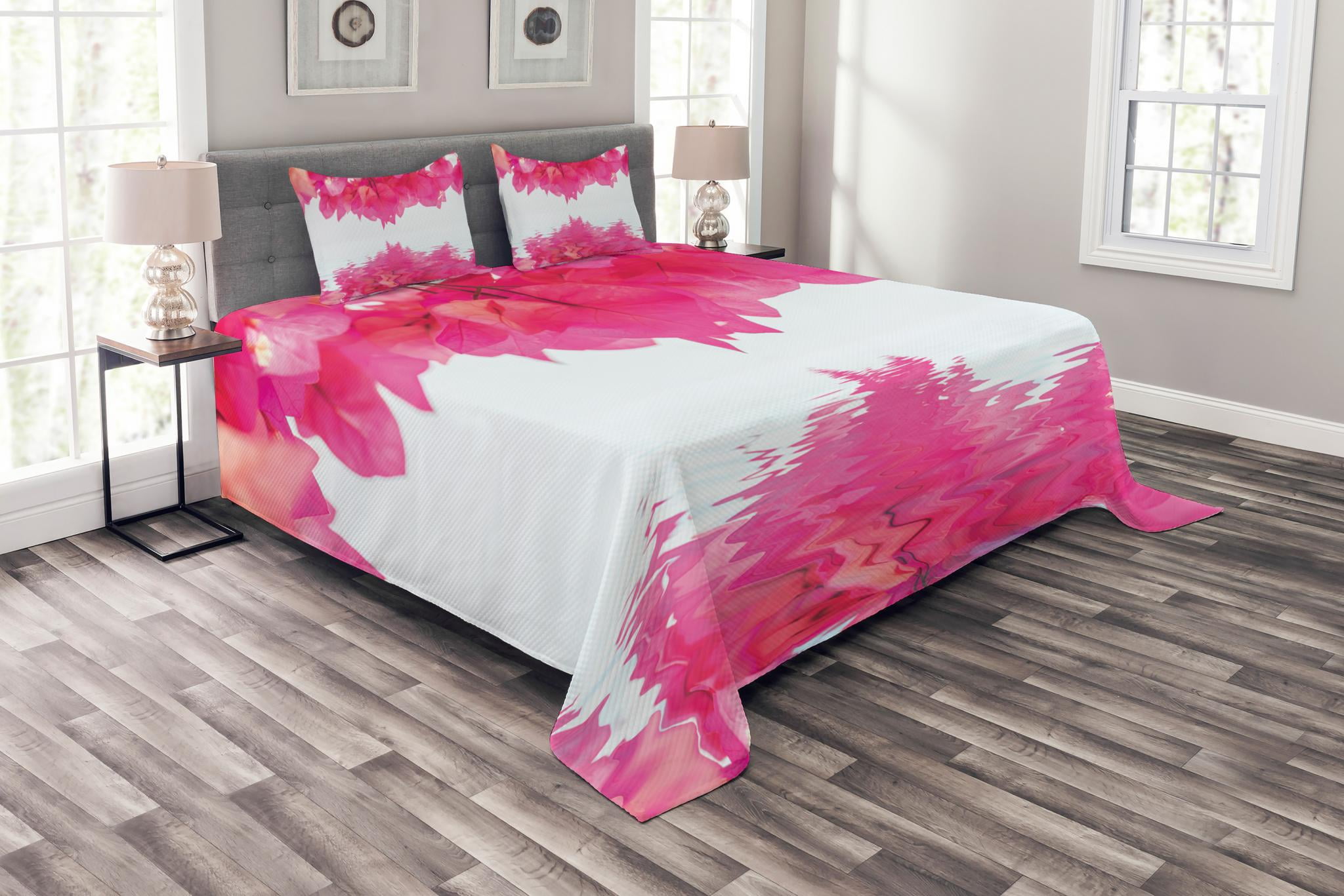 Ambesonne Nature Quilted Bedspread Set 3 Pcs, Pink Leaves on River ...